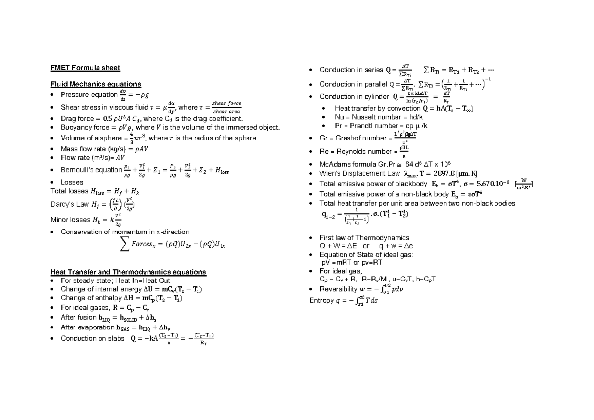 FMET Formula sheet - FMET Formula sheet Fluid Mechanics equations ...
