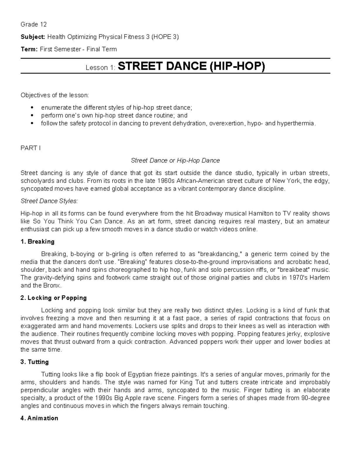 HOPE 3 - Hiphop Module - Grade 12 Subject: Health Optimizing Physical Fitness 3 (HOPE 3) Term ...
