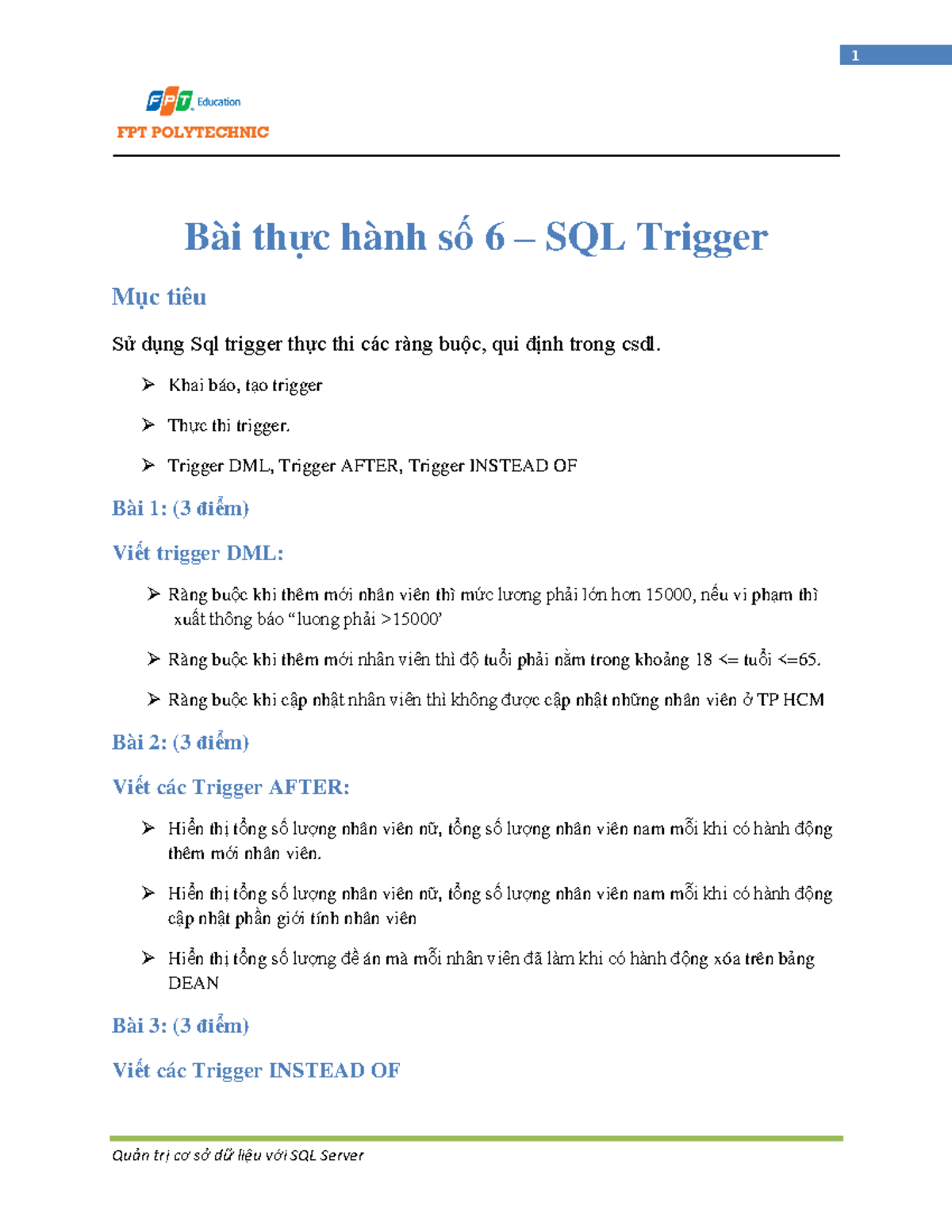 Lab 6 - Quản trị cơ sở dữ liệu với SQL Server 1 Bài thực hành số 6 ...