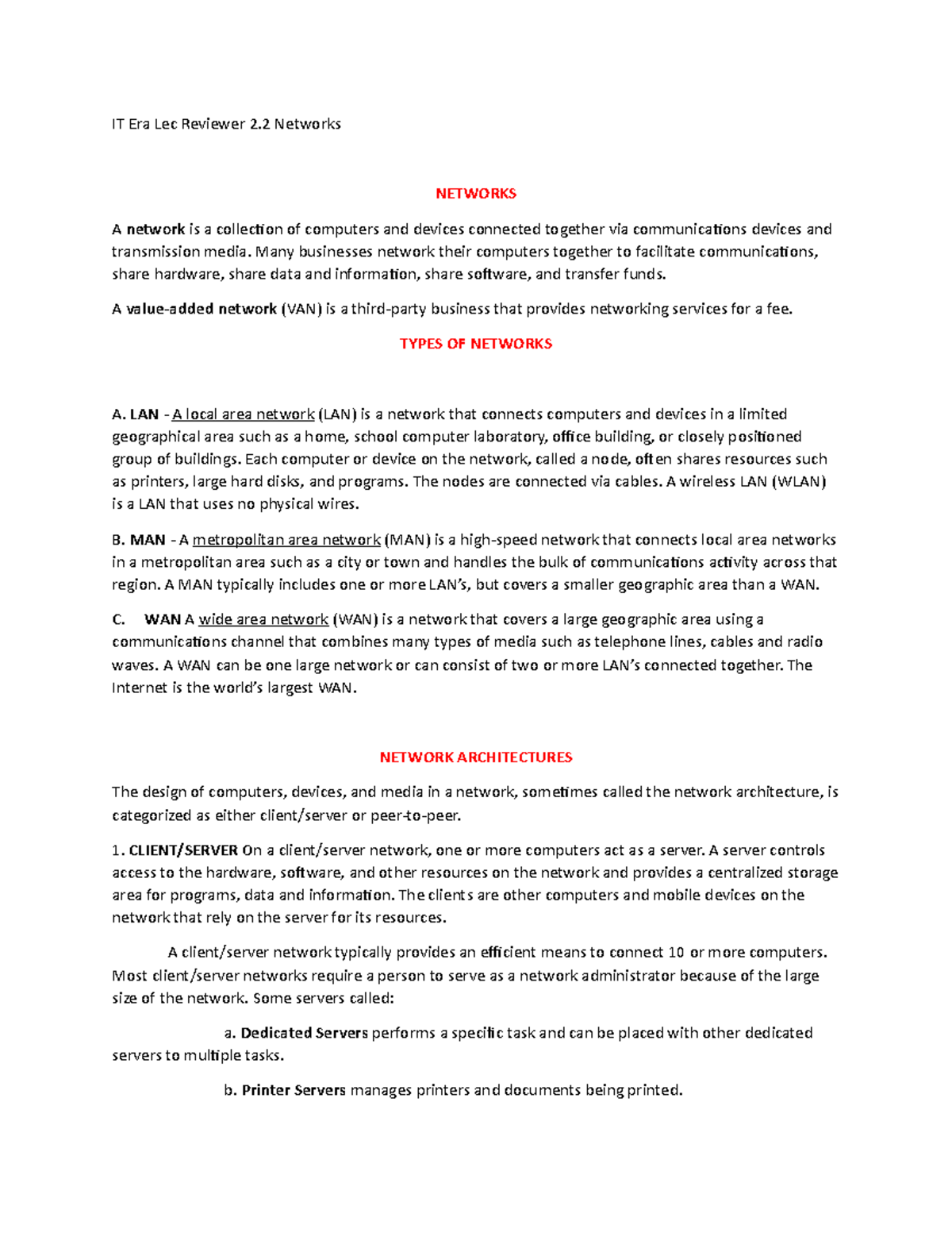 It Lec Midterm Rev 22 Networks It Era Lec Reviewer 2 Networks Networks A Network Is A