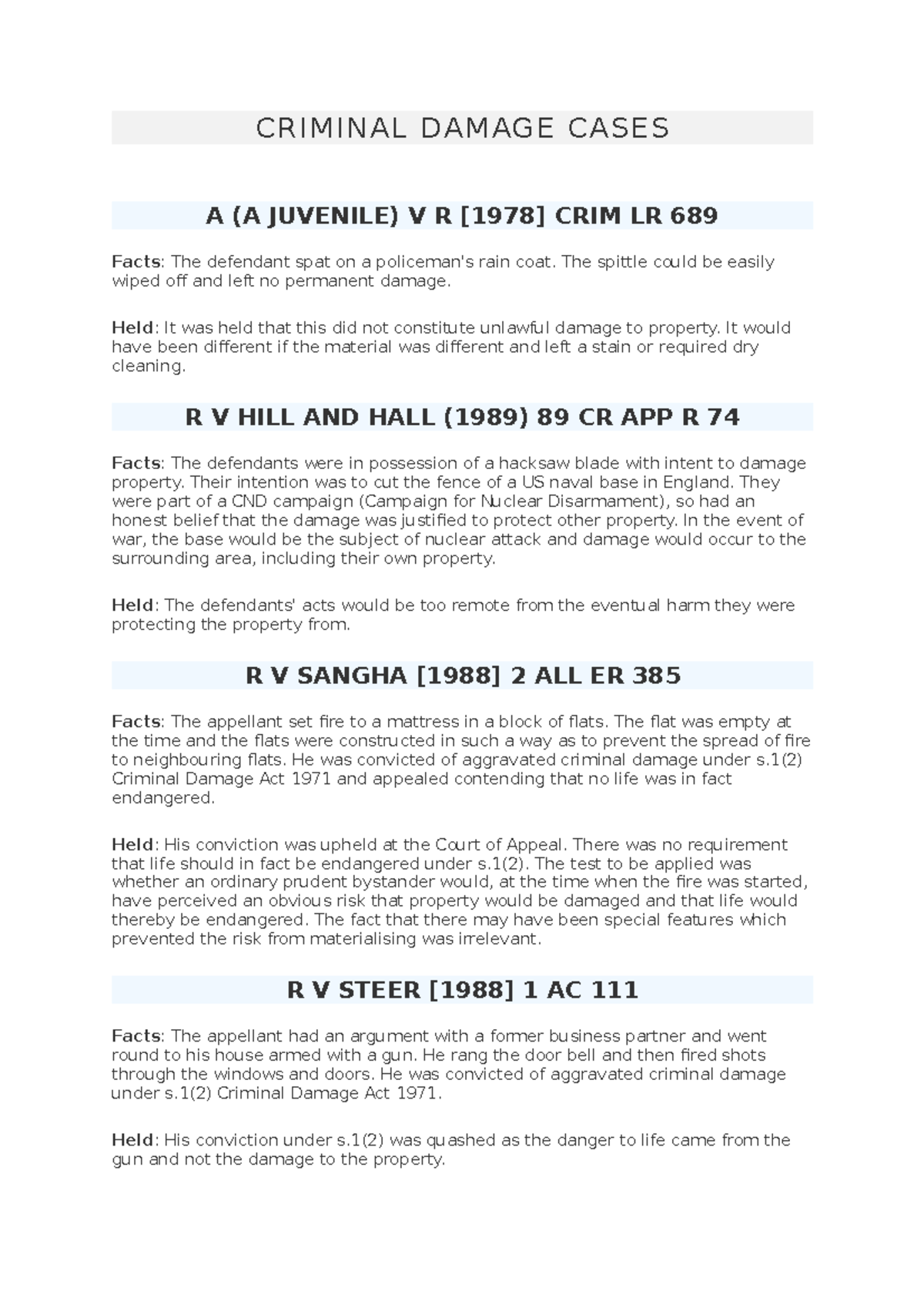Criminal Damage Cases - CRIMINAL DAMAGE CASES A (A JUVENILE) V R [1978 ...