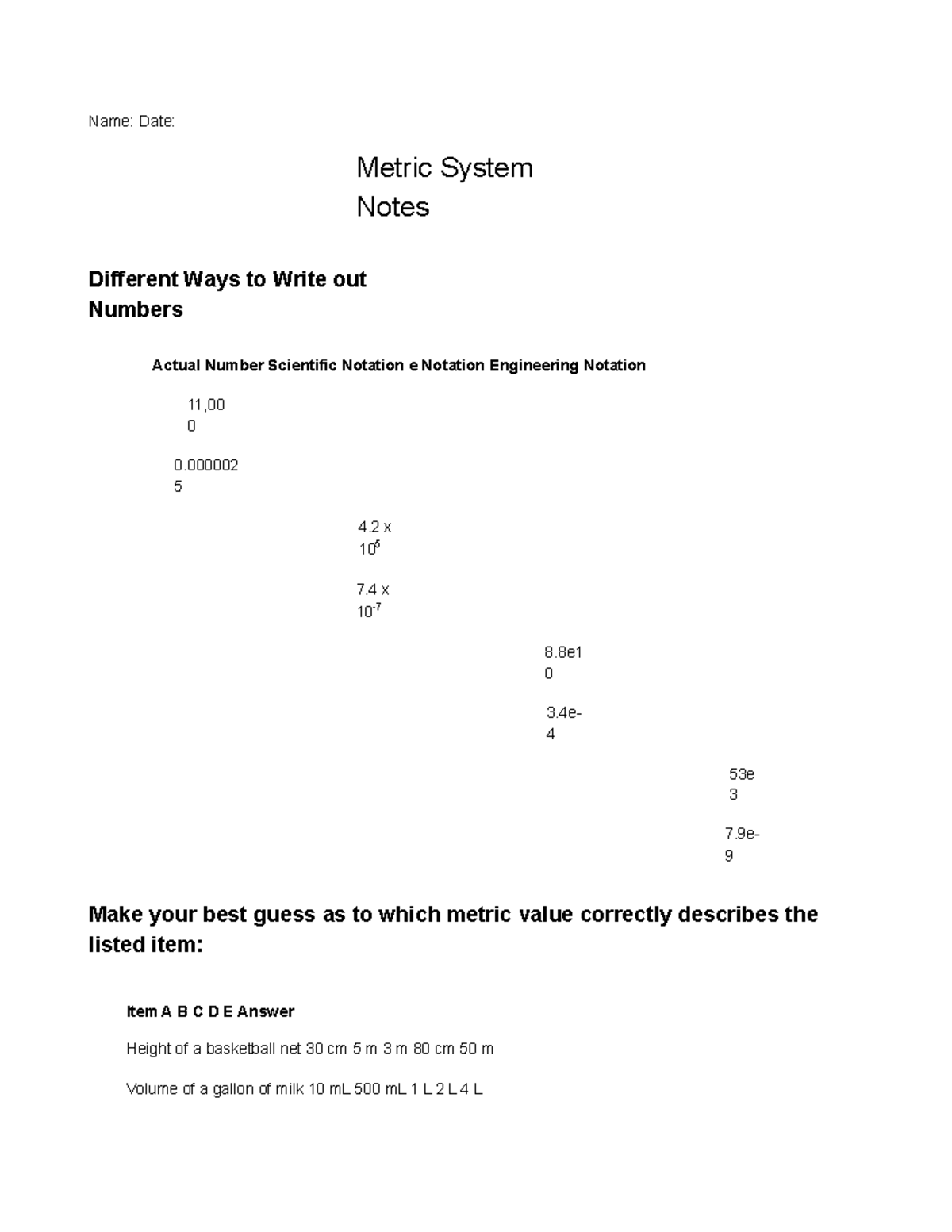 Metric System Notes with example problems - different ways to write out ...
