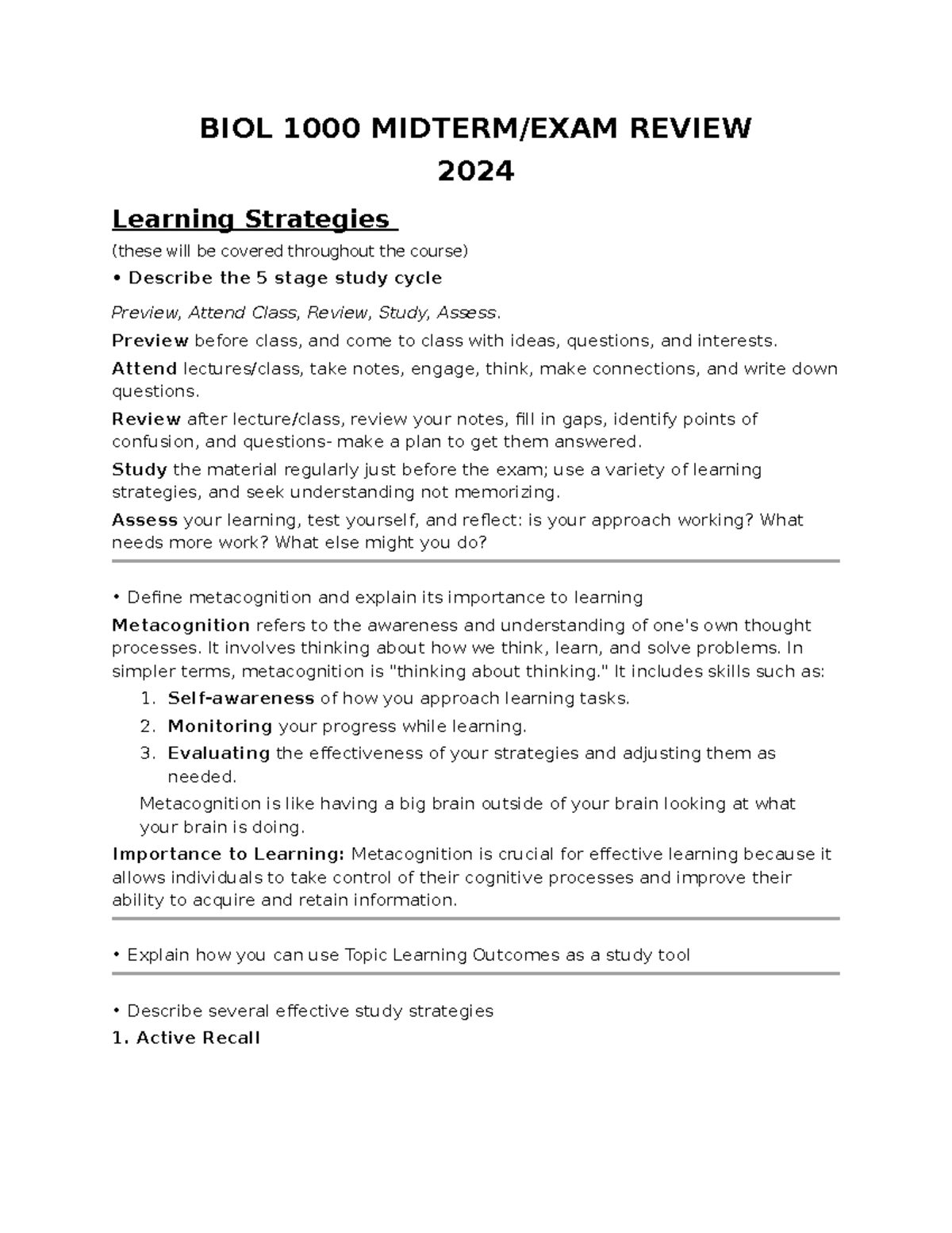 BIOL 1000 Review 2024 - BIOL 1000 MIDTERM/EXAM REVIEW 2024 Learning ...