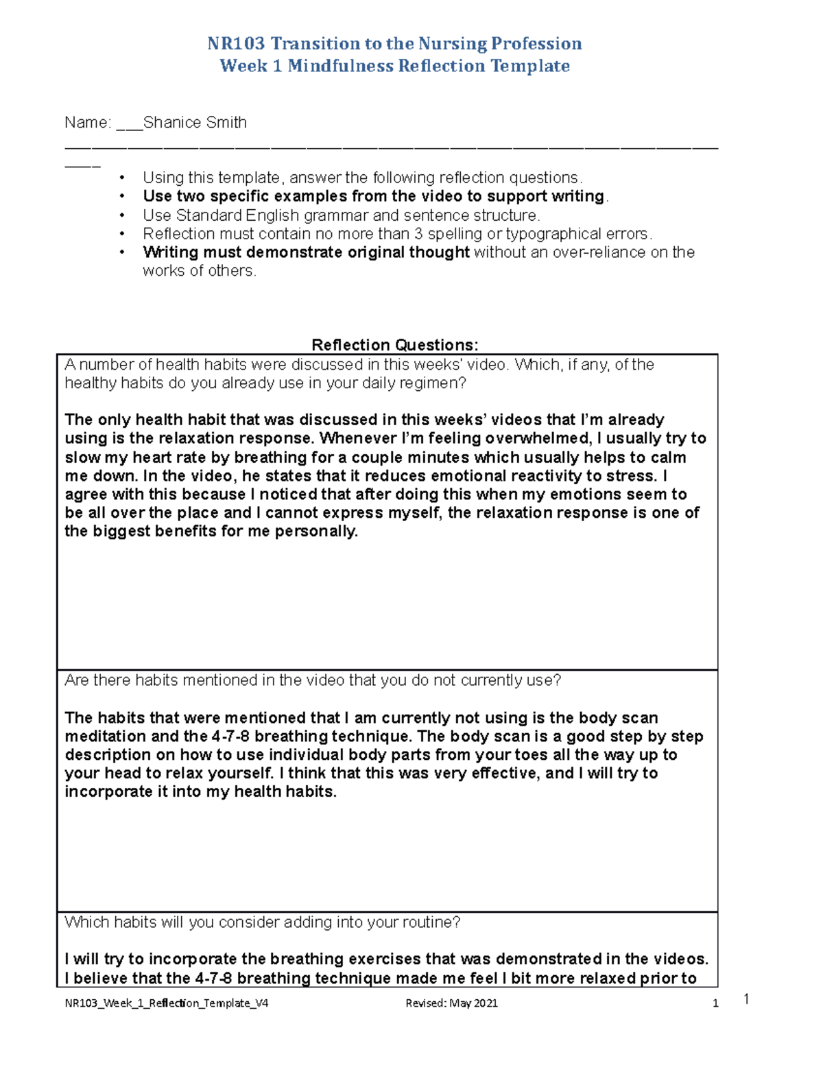 NR103 Week1 Reflection Template May2021 - NR103 Transition to the ...