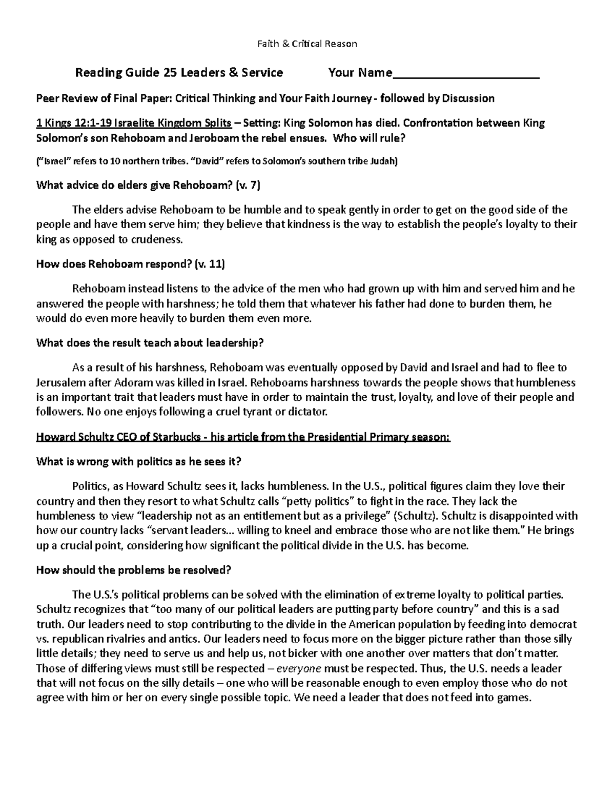 Reading Guide Questions Class 25 - Faith & Critical Reason Reading ...