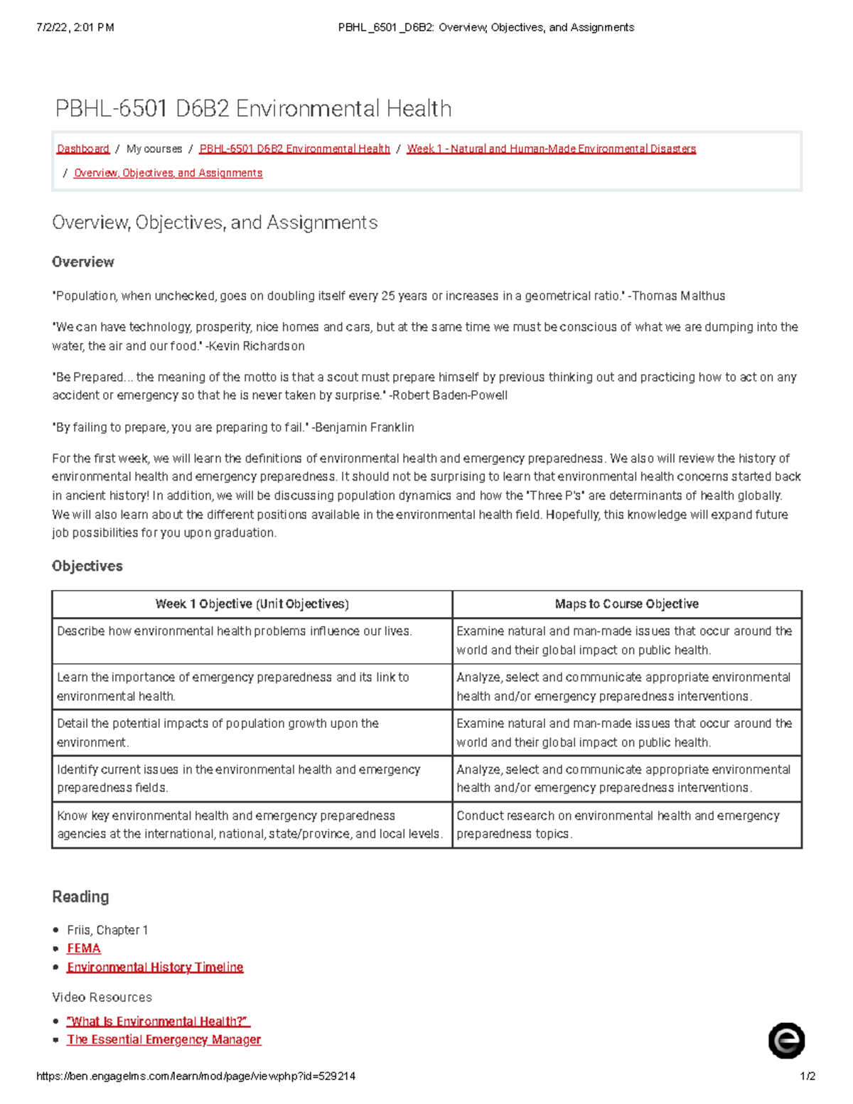 PBHL 6501 D6B2 Overview, Objectives, and Assignments - engagelms/learn ...