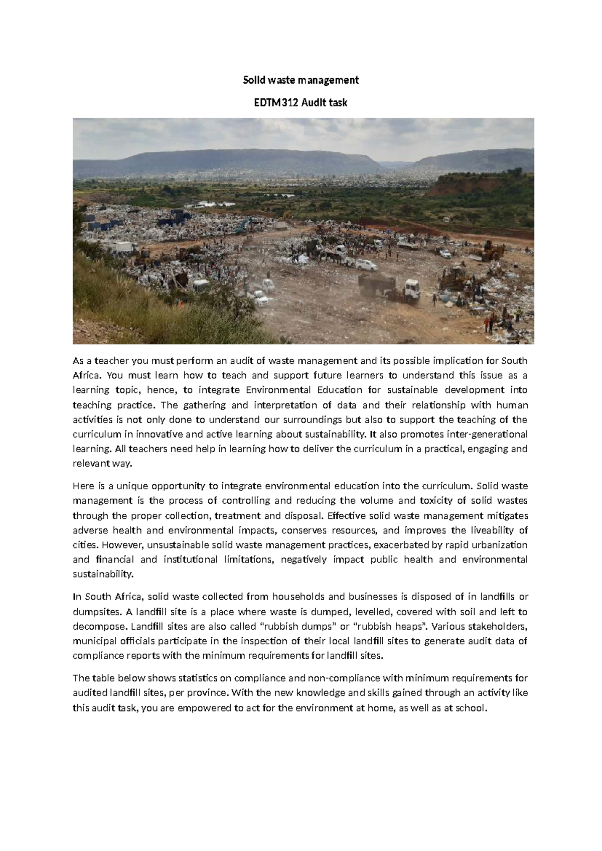 Solid waste management 2 - Solid waste management EDTM312 Audit task As ...
