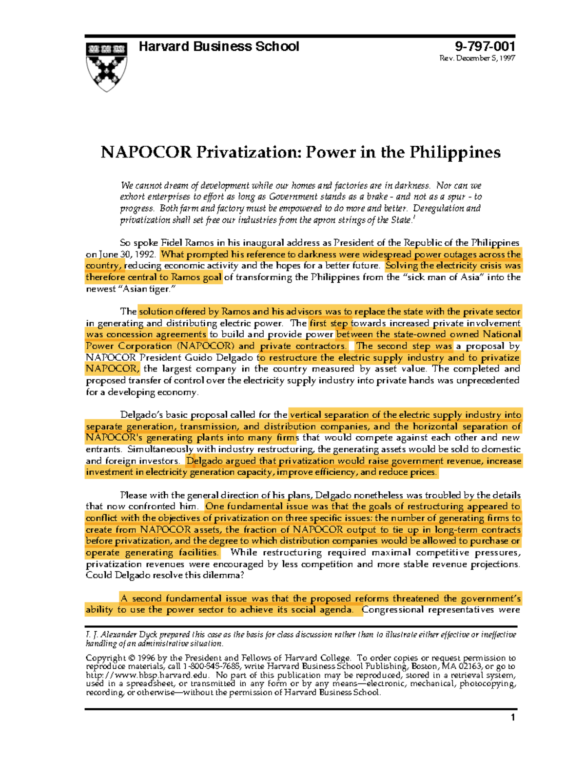 Reading 1 MGT 201 - Napocor Privatization - Harvard Business School 9 ...