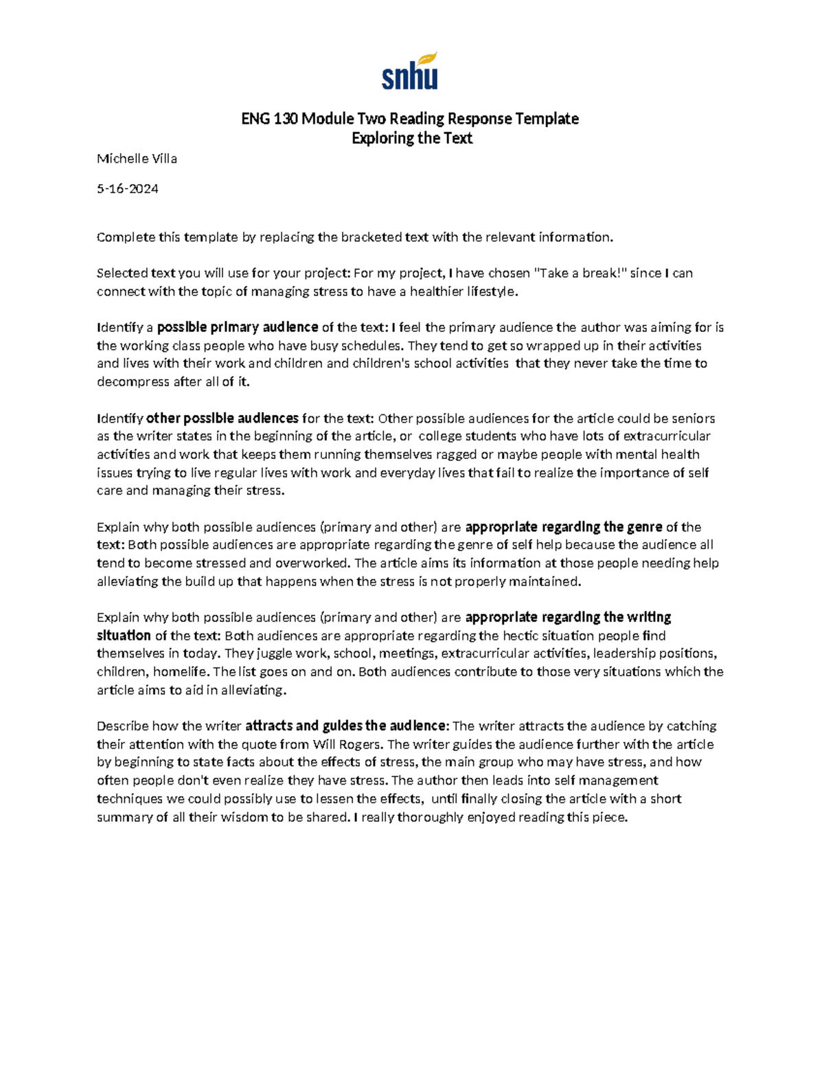 ENG 130 Module Two Reading Response Template - ENG 130 Module Two ...