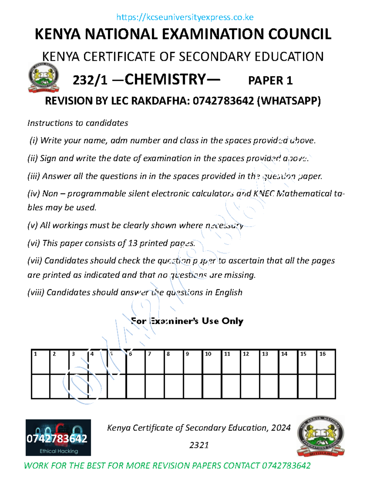 CHEM Paper 1 REV - KENYA NATIONAL EXAMINATION COUNCIL KENYA CERTIFICATE ...