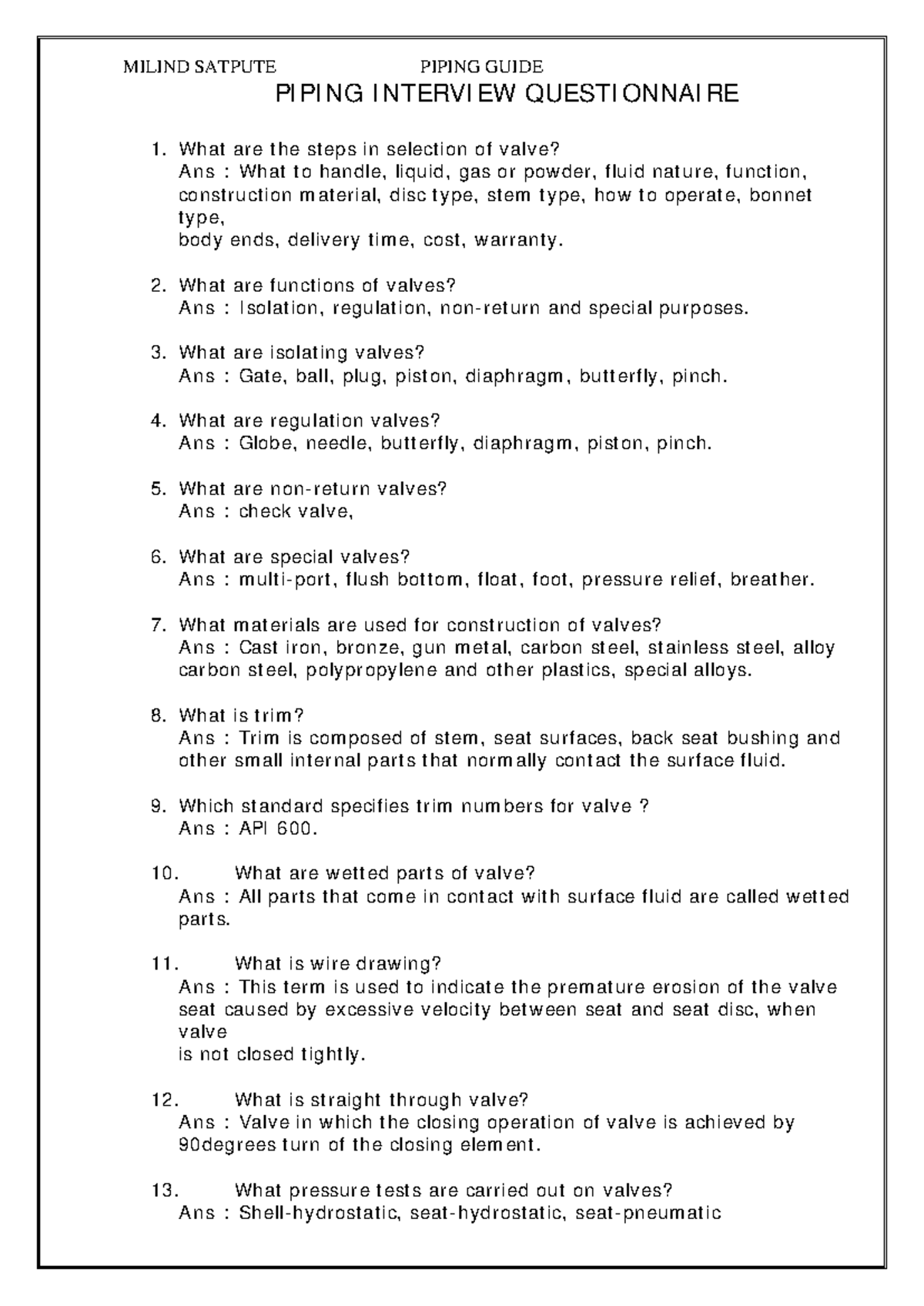 5) Piping Interview Questionnaire - PIPING INTERVIEW QUESTIONNAIRE What ...
