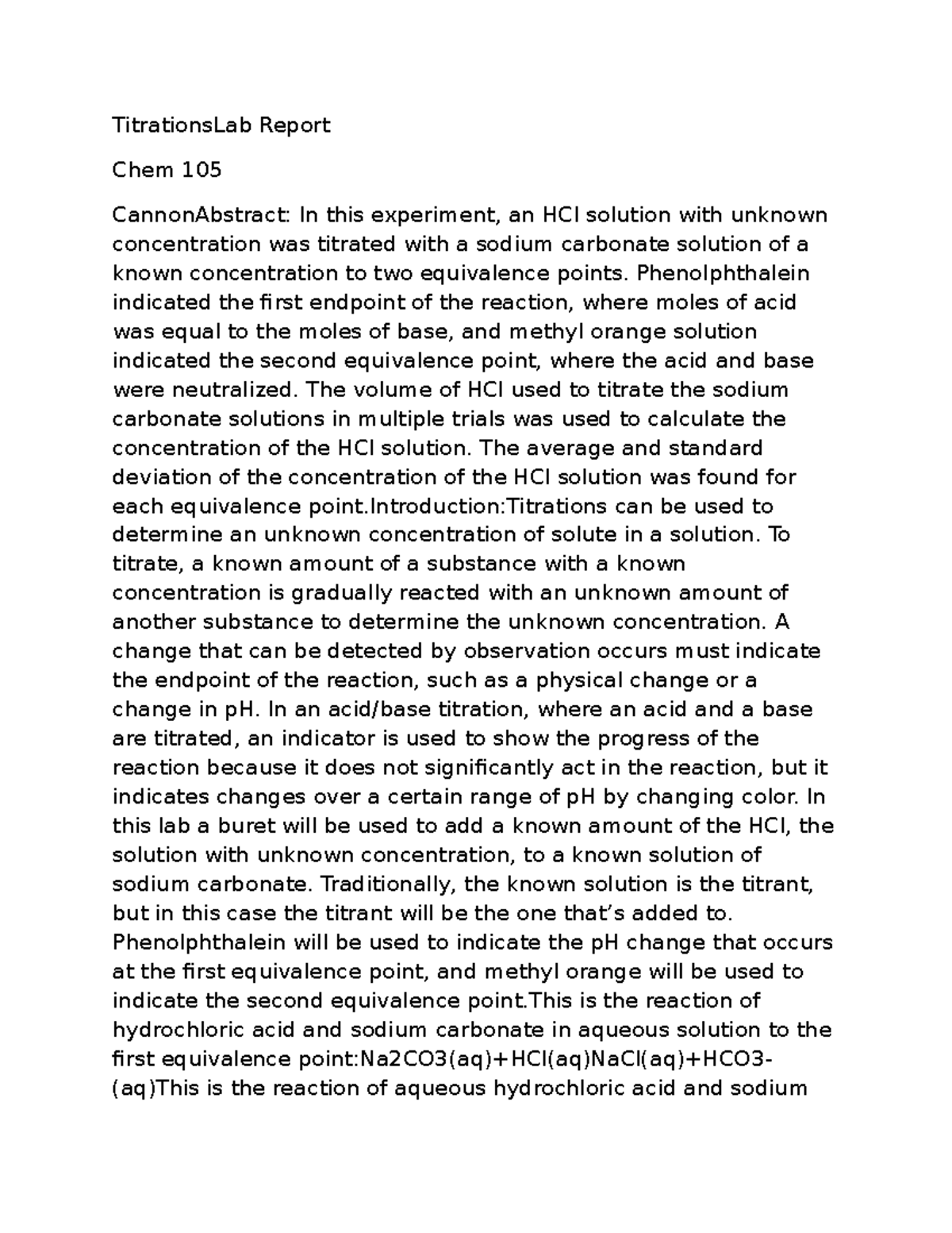 Titrations Lab Report - TitrationsLab Report Chem 105 CannonAbstract ...