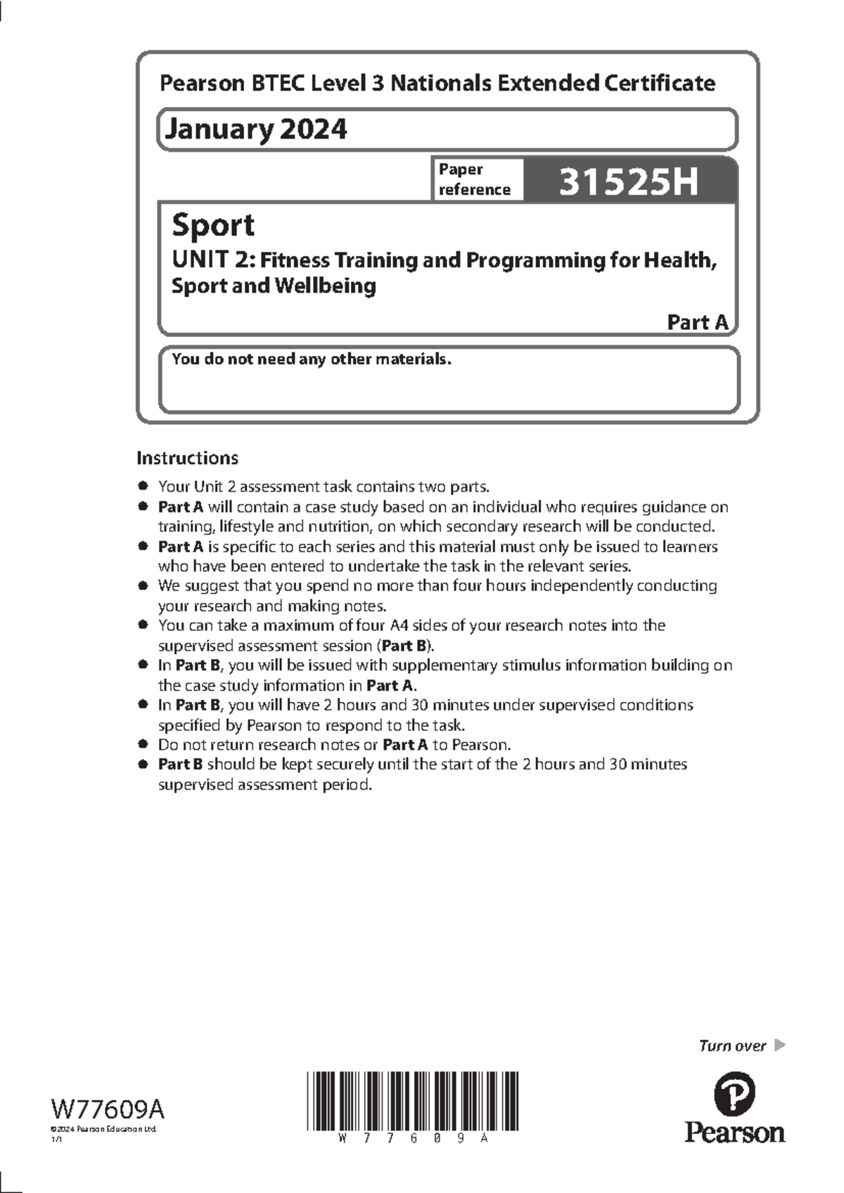 Btec l3 sport 31525 h u2 jan 2024 past paper - Turn over W77609A ...