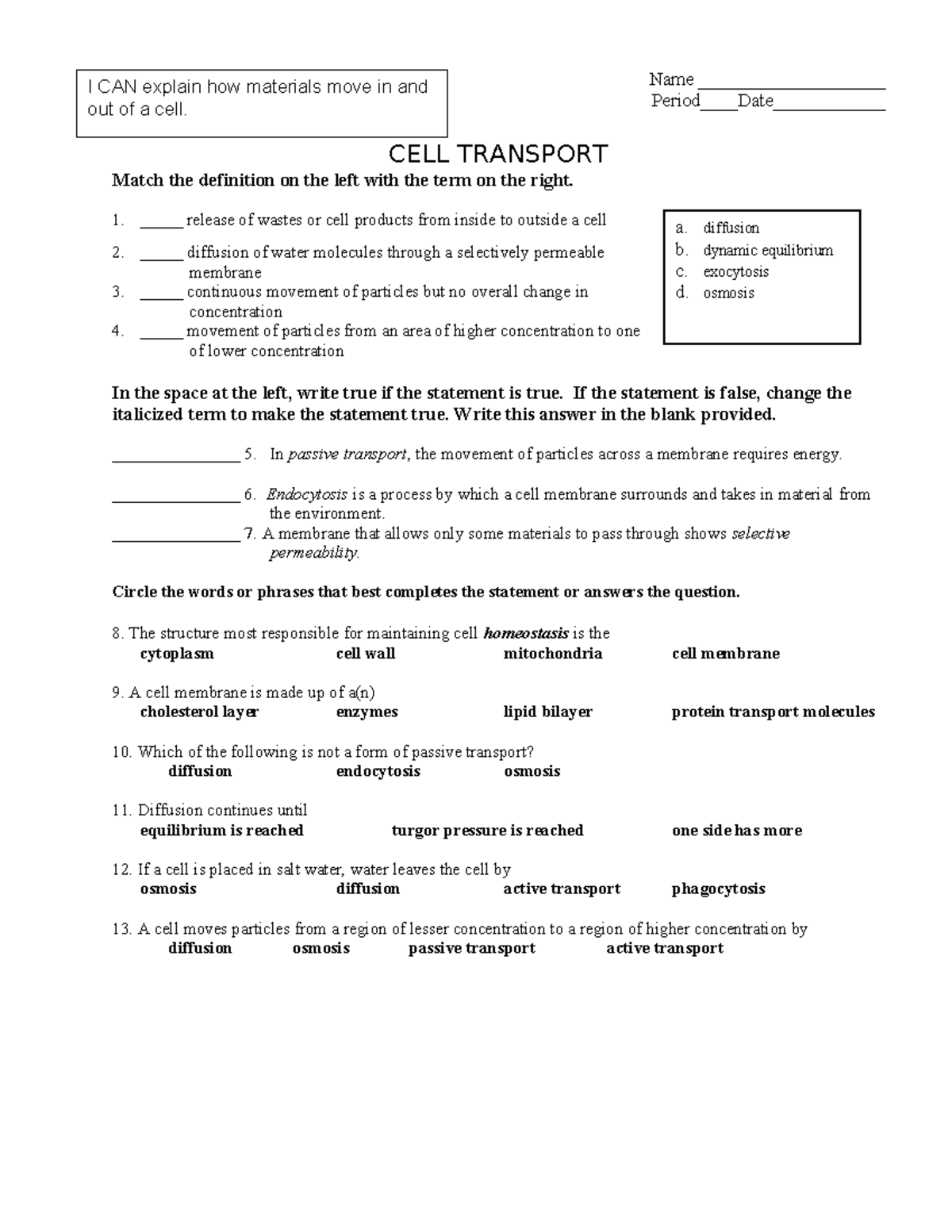 2015 Cell Transport Worksheet - Name ____________________ Period ...