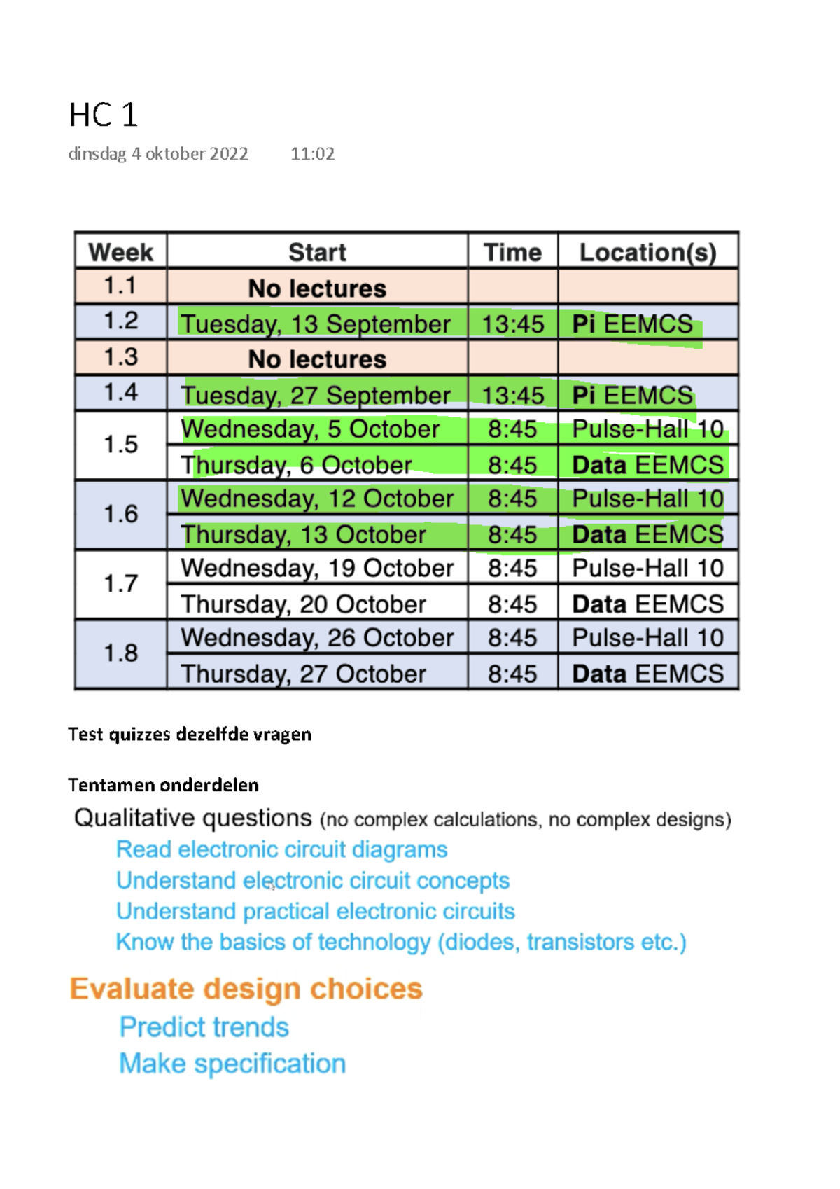 HC 1 - Aantekeningen HC - Test quizzes dezelfde vragen Tentamen ...