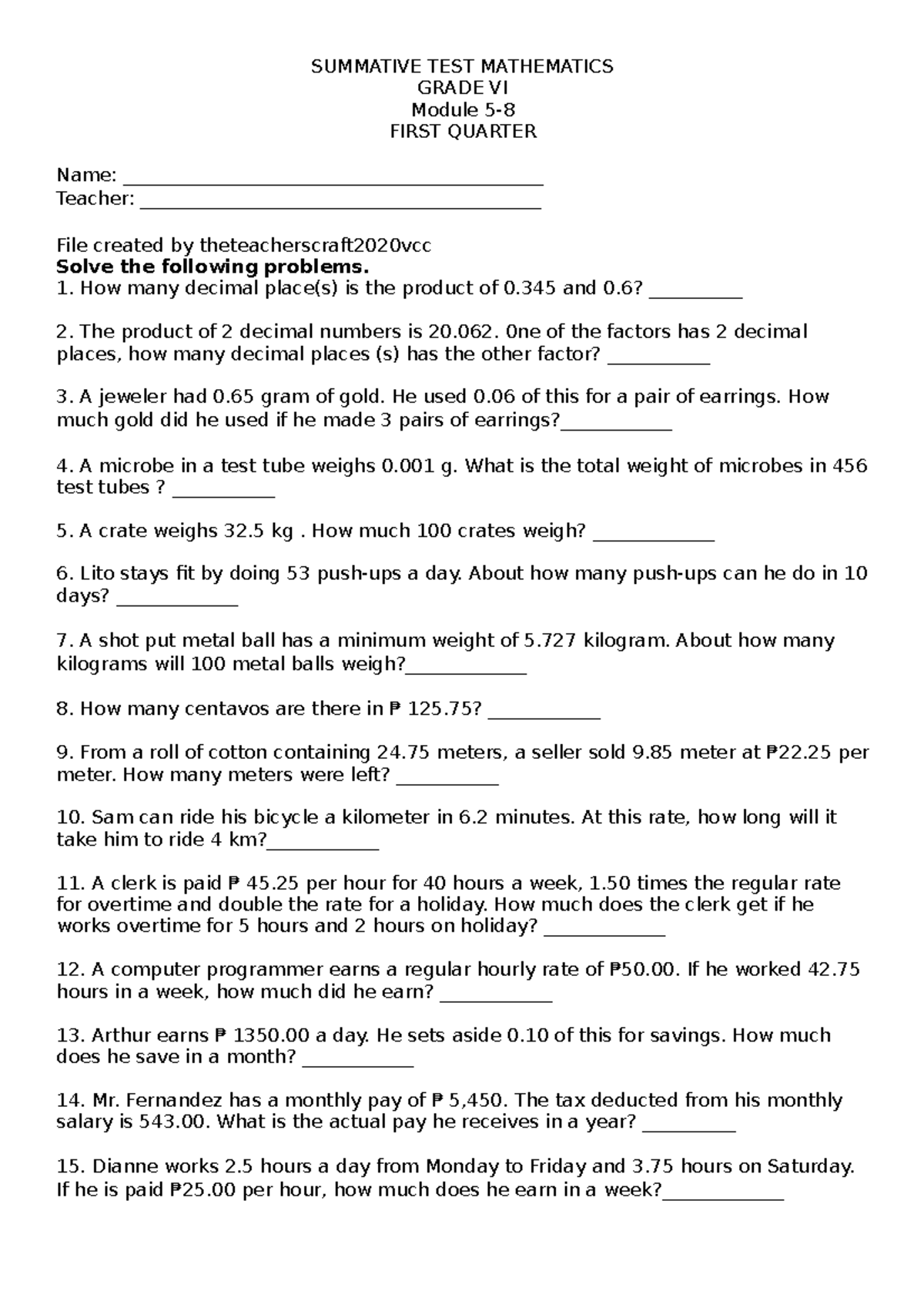 Summative TEST Mathematics - SUMMATIVE TEST MATHEMATICS GRADE VI Module ...
