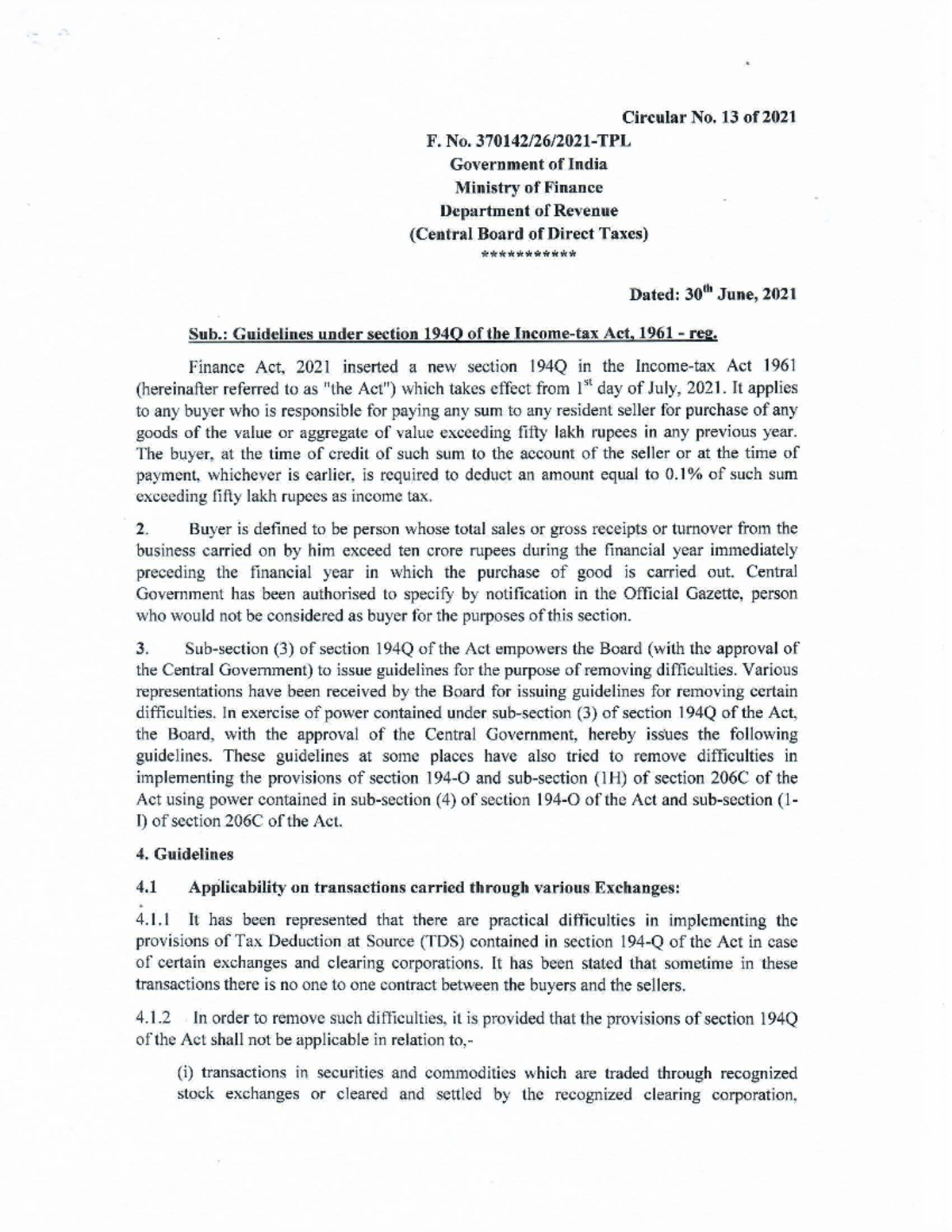 Circular 13 2021 - F. No. 370142/26/2021-TPL Government of India ...