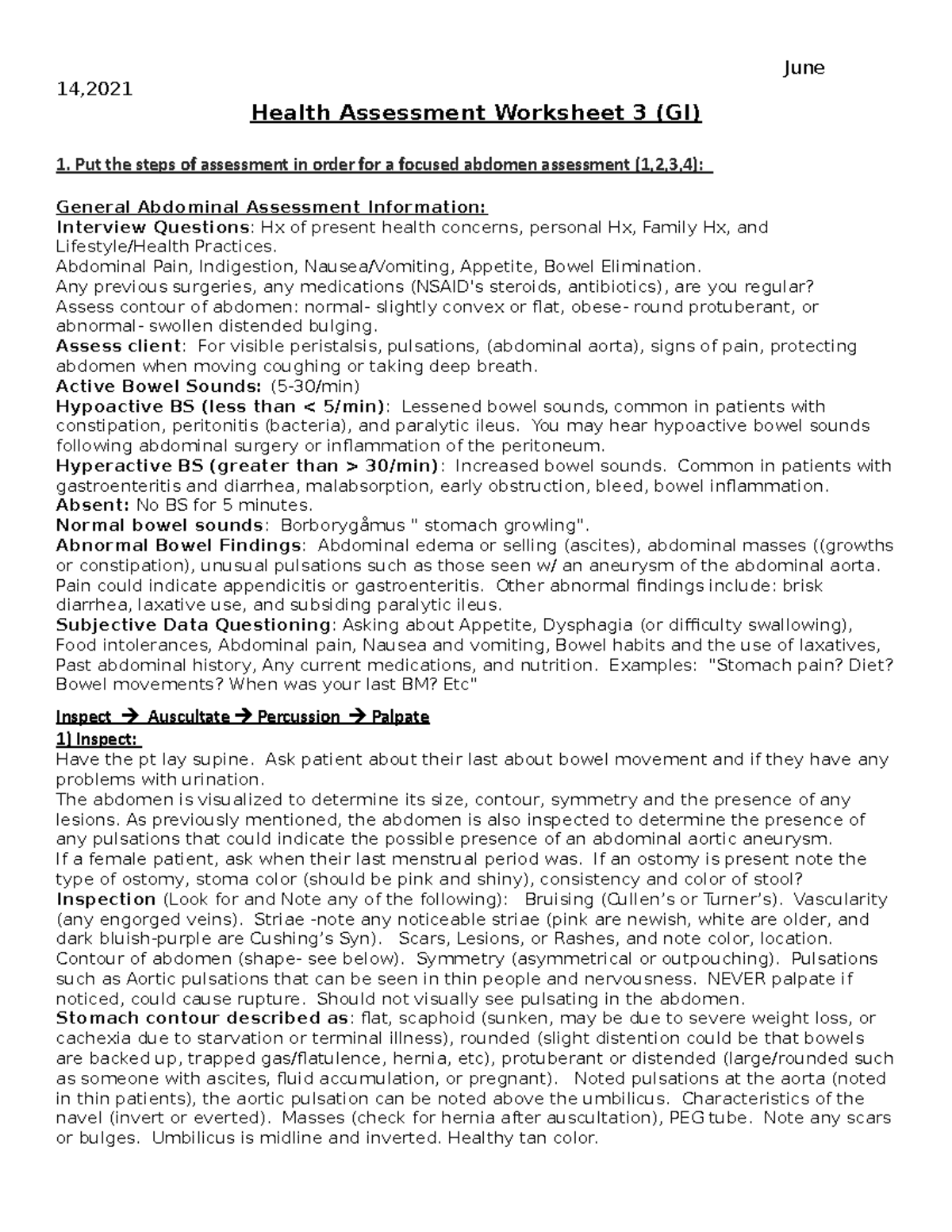 Worksheet 3 GI HA302 (CH) - June 14, Health Assessment Worksheet 3 (GI ...