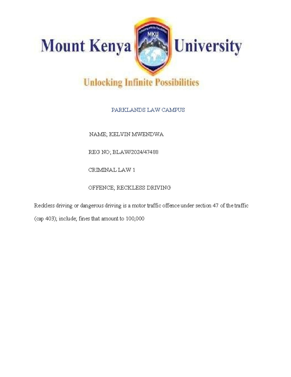 Parklands LAW Campus - zafdff - Civil law - PARKLANDS LAW CAMPUS NAME; KELVIN MWENDWA REG NO ...