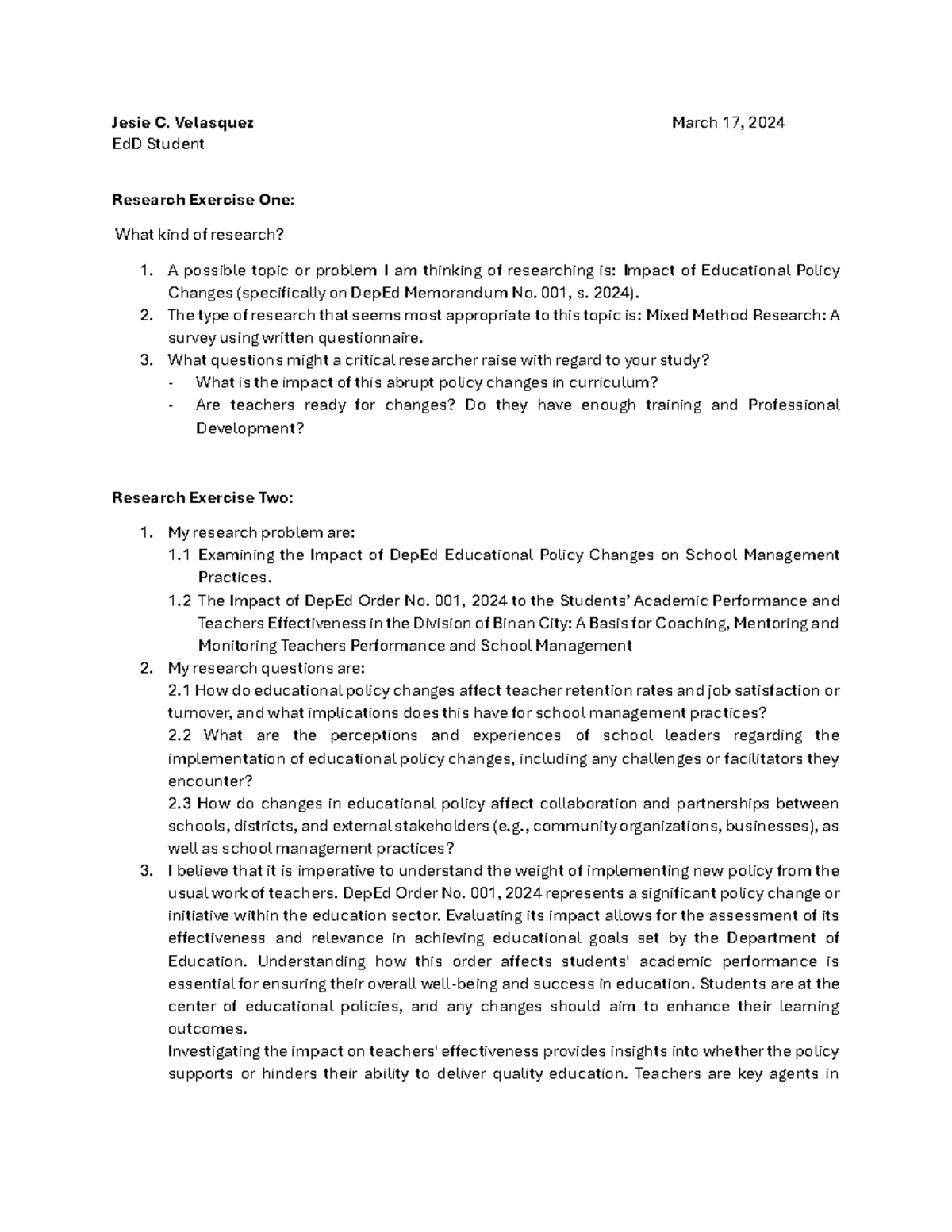 Research Activity #1 - Jesie C. Velasquez March 17, 2024 EdD Student ...