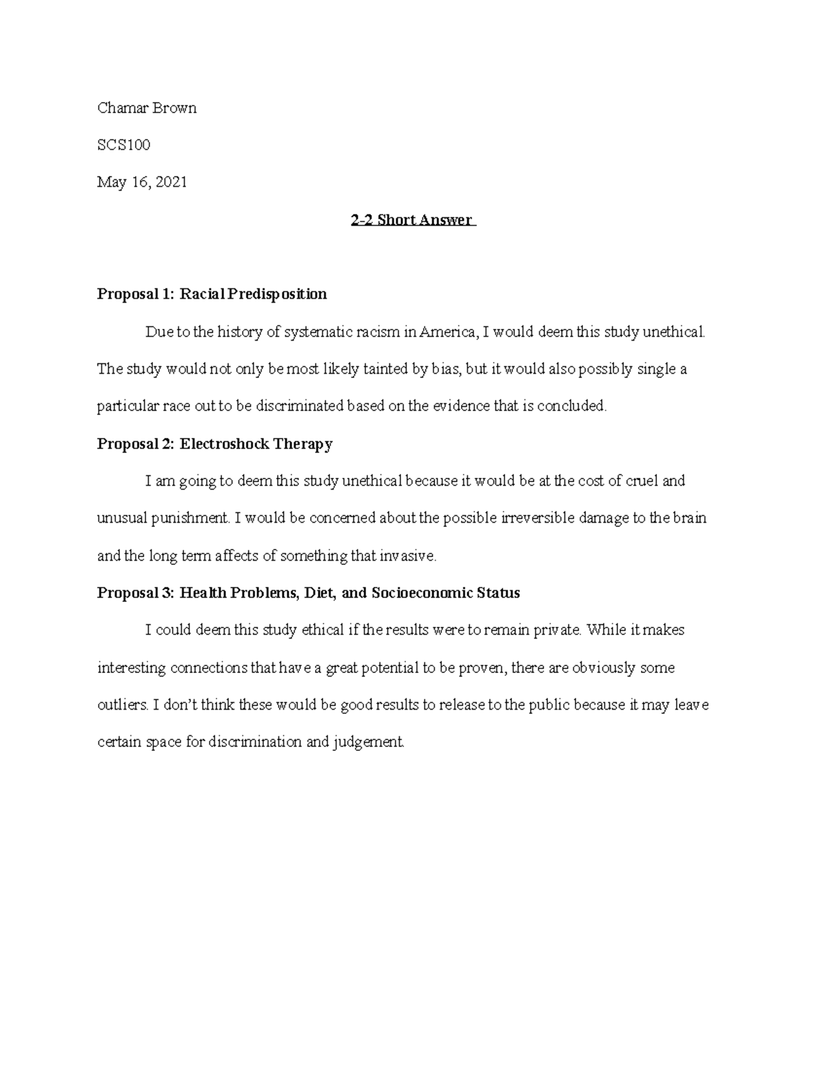 2-2 Short Answer scs100 - Chamar Brown SCS May 16, 2021 2-2 Short ...