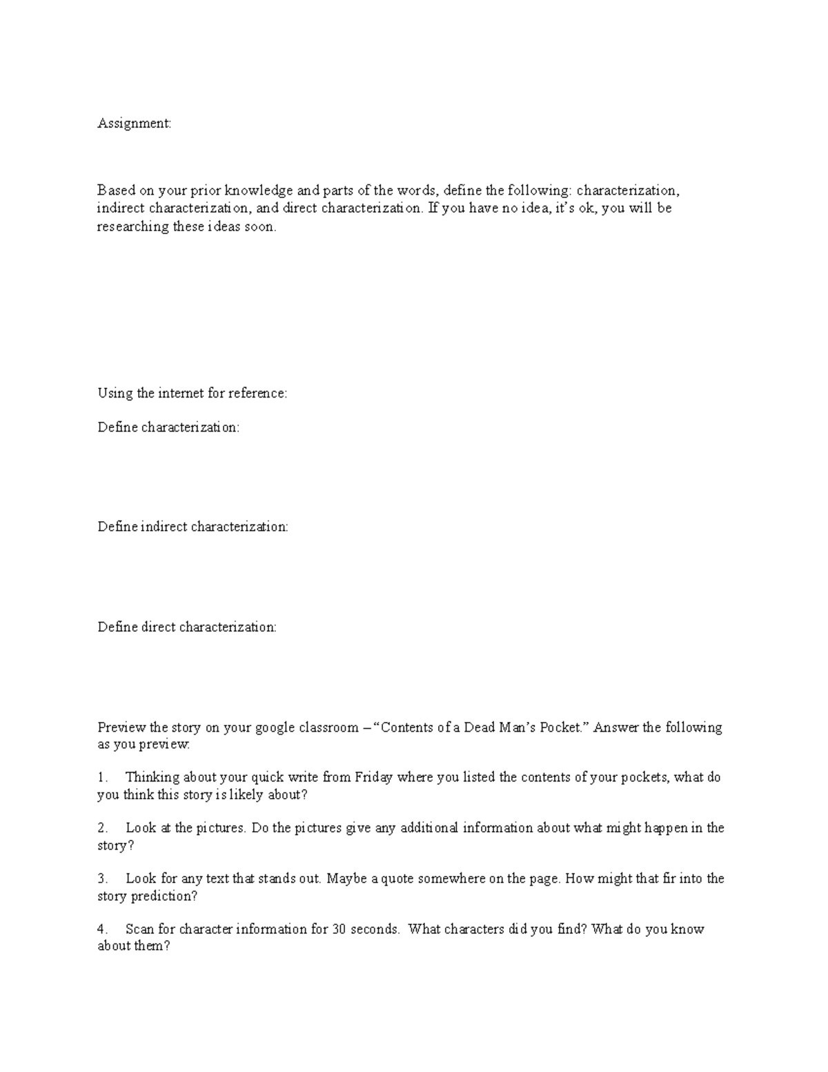 Contents of a Dead Man's Pocket intro assignment - Assignment: Based on ...