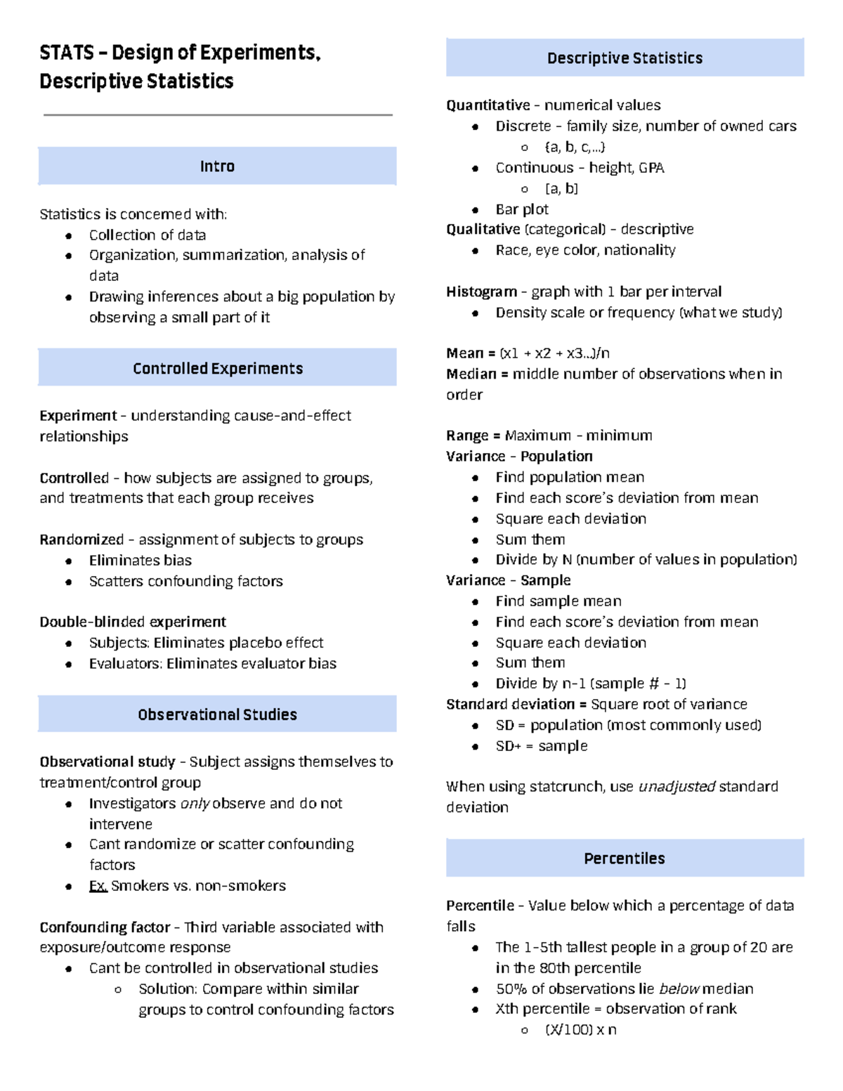 STAT - Exam 1 Notes - STATS - Design of Experiments, Descriptive ...