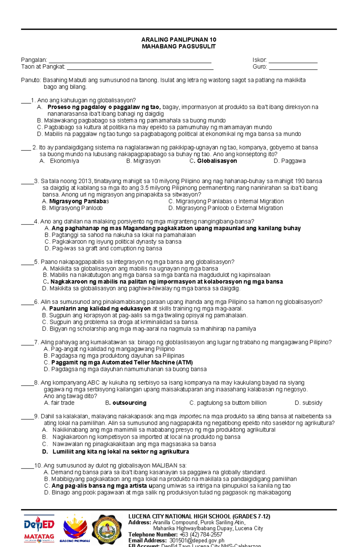 Ap grade 10 test summative - LUCENA CITY NATIONAL HIGH SCHOOL (GRADES 7 ...
