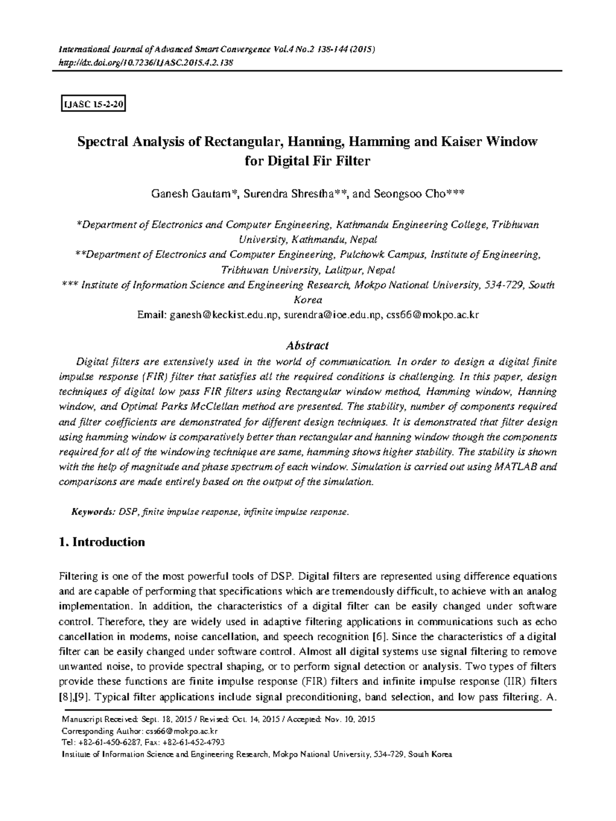 Spectral Analysis Of Rectangular Hanning Hamming And Kaiser Window For Digital Fir Filter