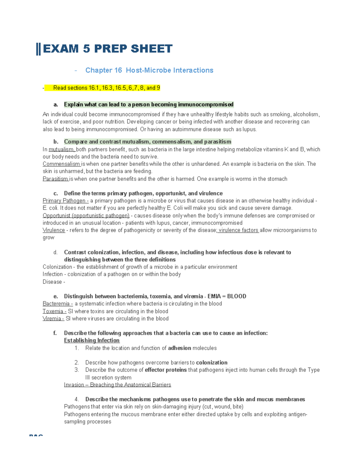 Exam 5 prep sheet - EXAM 5 PREP SHEET - Chapter 16 Host-Microbe ...