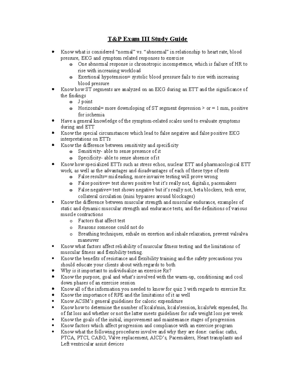 Exam III study guide - T&P Exam III Study Guide Know what is considered ...