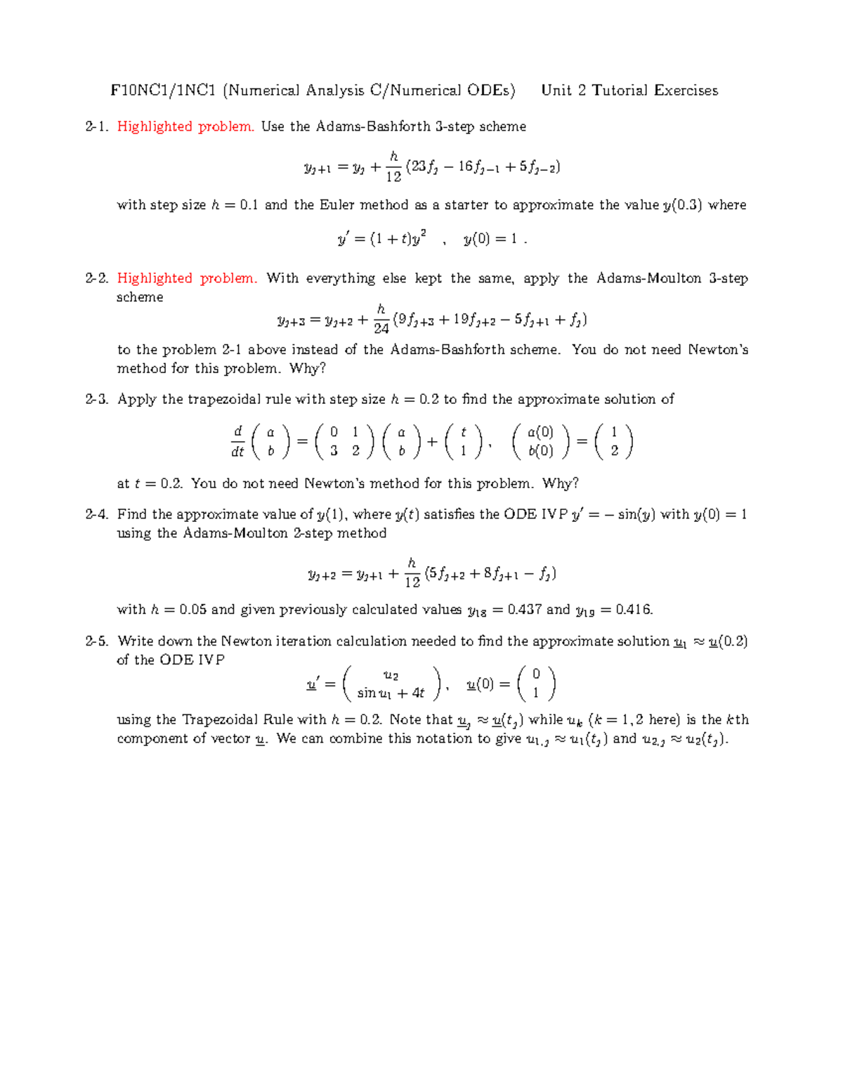 Tut2 - Tut2 - F10NC1/1NC1 (Numerical Analysis C/Numerical ODEs) Unit 2 Tutorial Exercises 2-1 ...