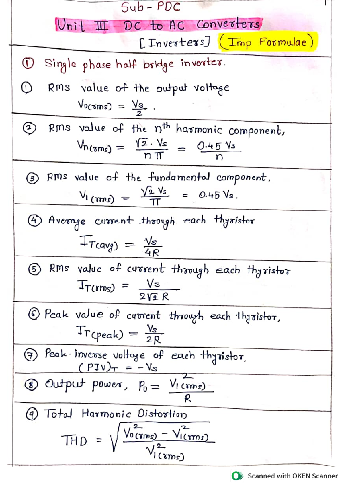 PDC IMP Formulae (Unit 3-5) ffdaf 62d-39e5-4034-bc7d-c3f68f44ee1b - Sub. PDC Unit DC to AC - Studocu