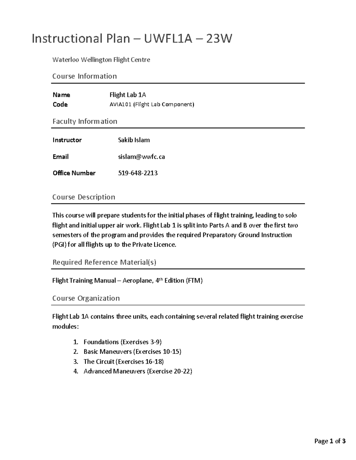 Flight Lab Course Outline - Instructional Plan – UWFL1A – 23W Page 1 of ...