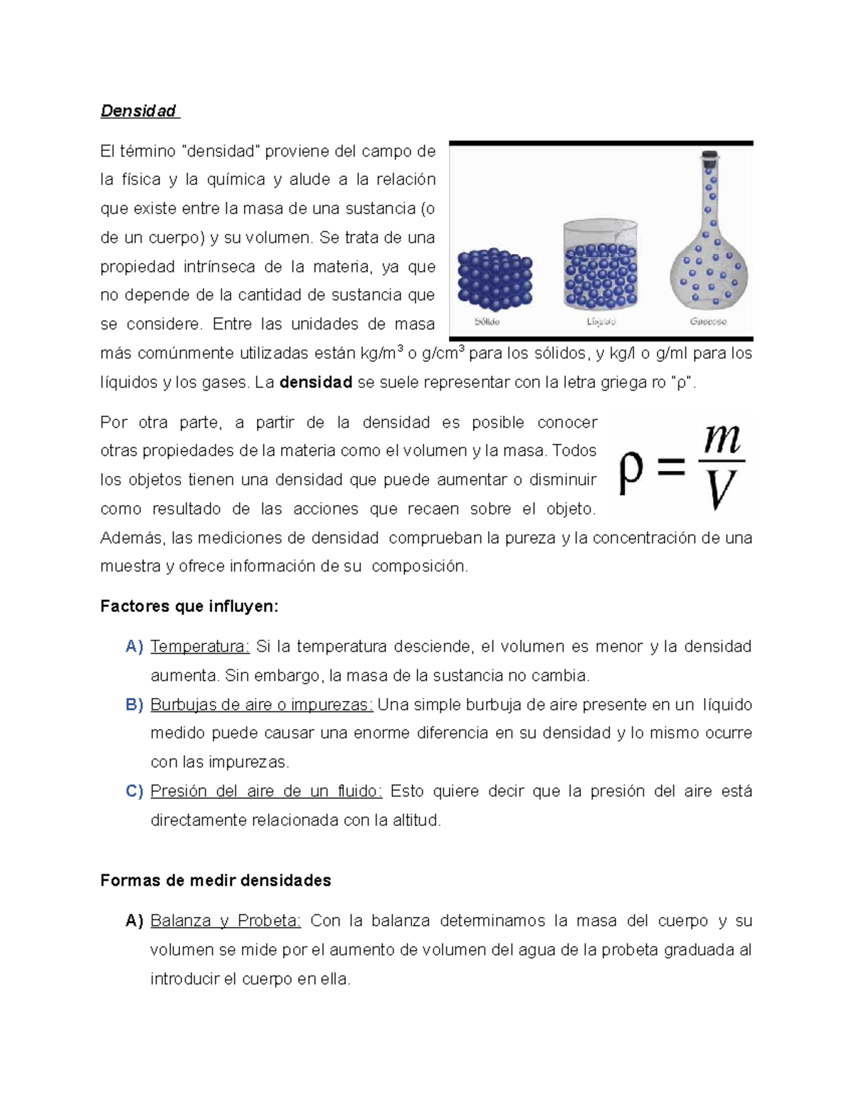 Densidad y peso volumétrico - Densidad El término “densidad” proviene ...