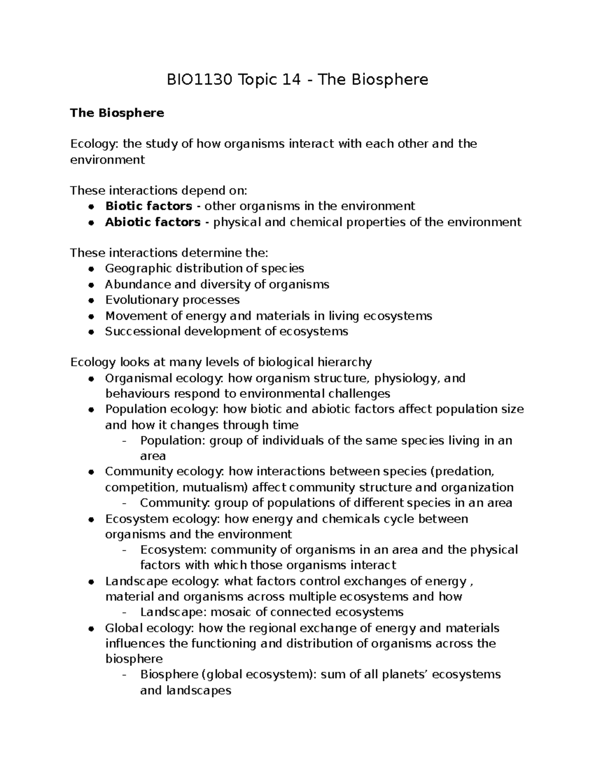 BIO1130 Topic 14 - BIO1130 Topic 14 - The Biosphere The Biosphere ...