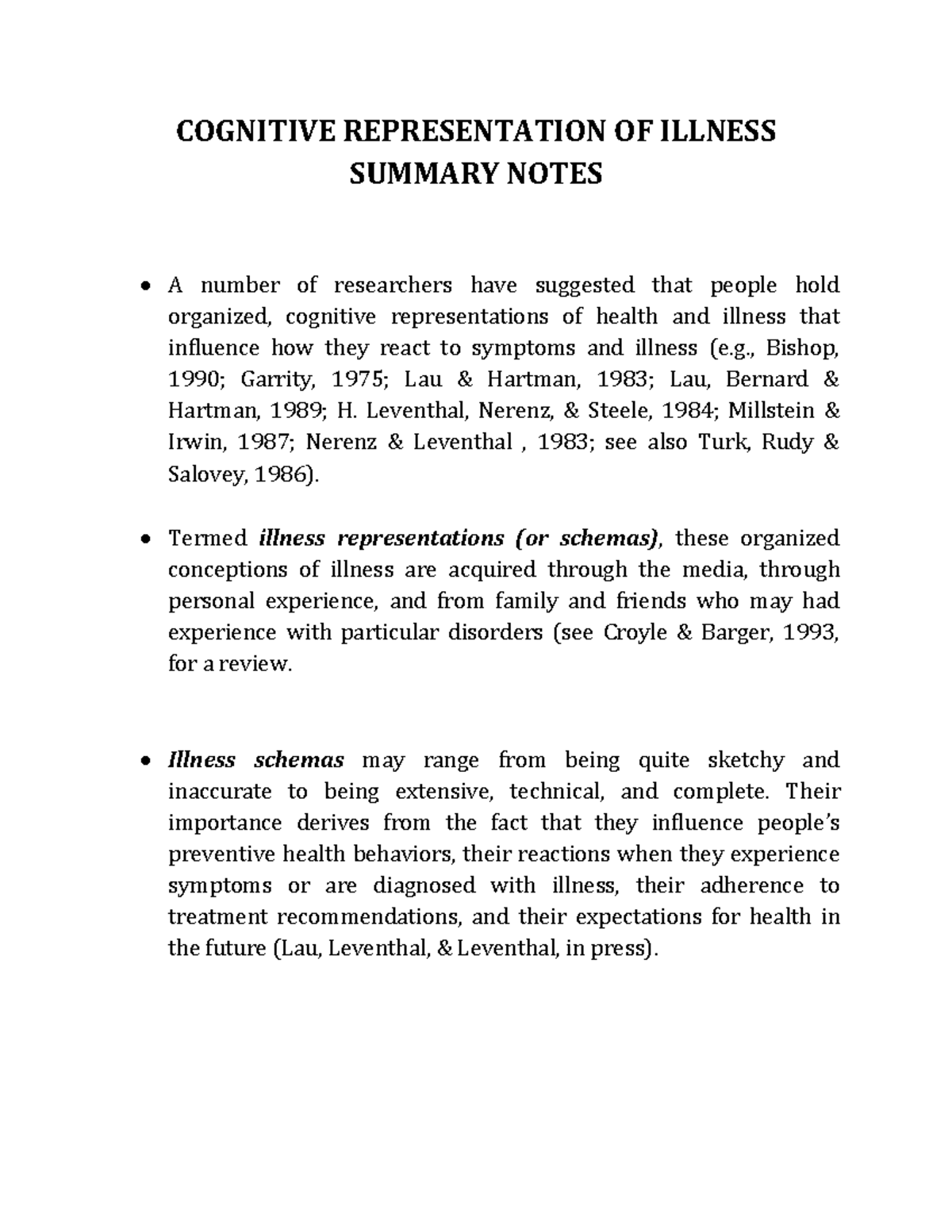Cognitive Representation of Illness Summary Notes - COGNITIVE ...