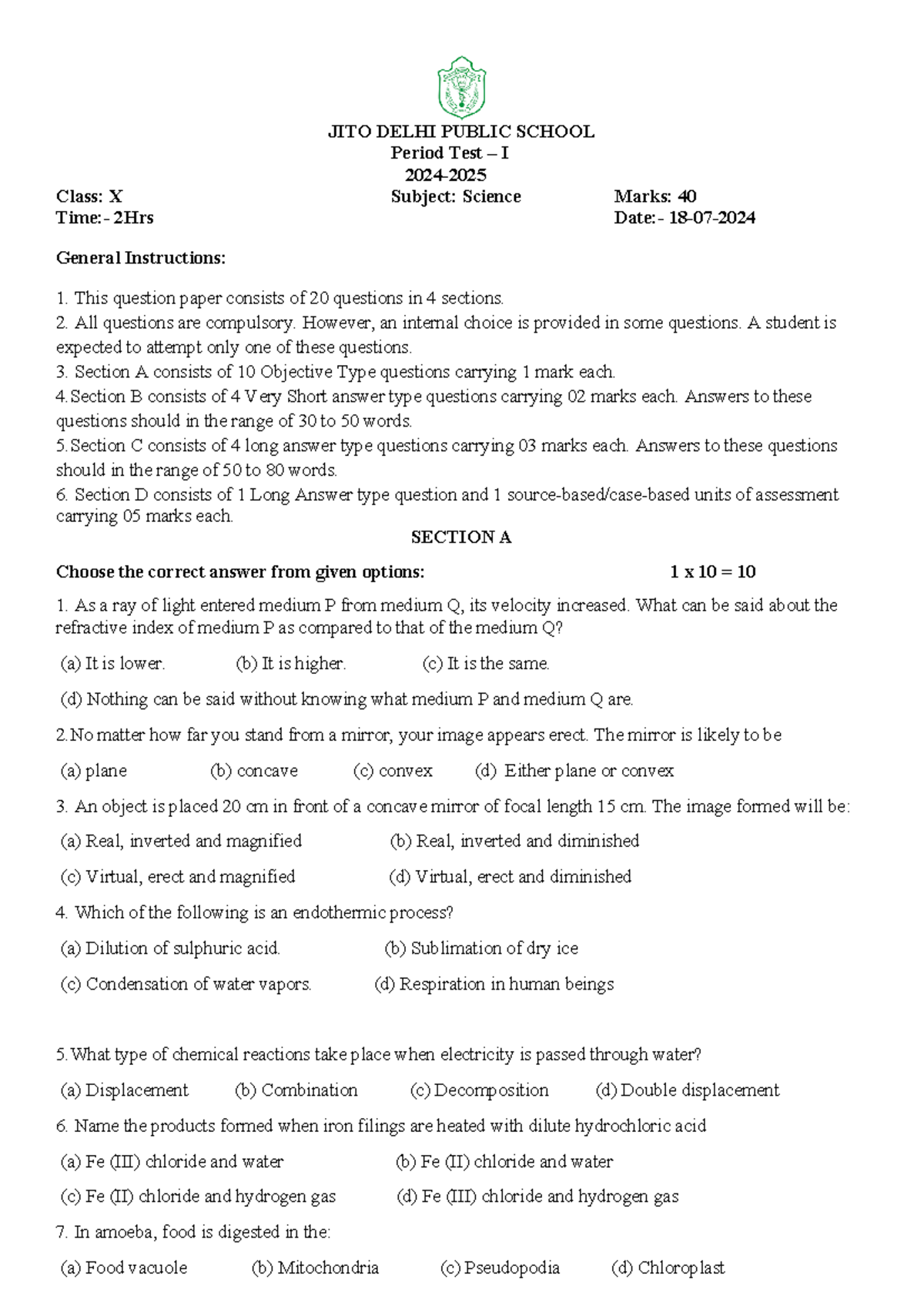 PT 1 10th Science final - Terri - JITO DELHI PUBLIC SCHOOL Period Test ...