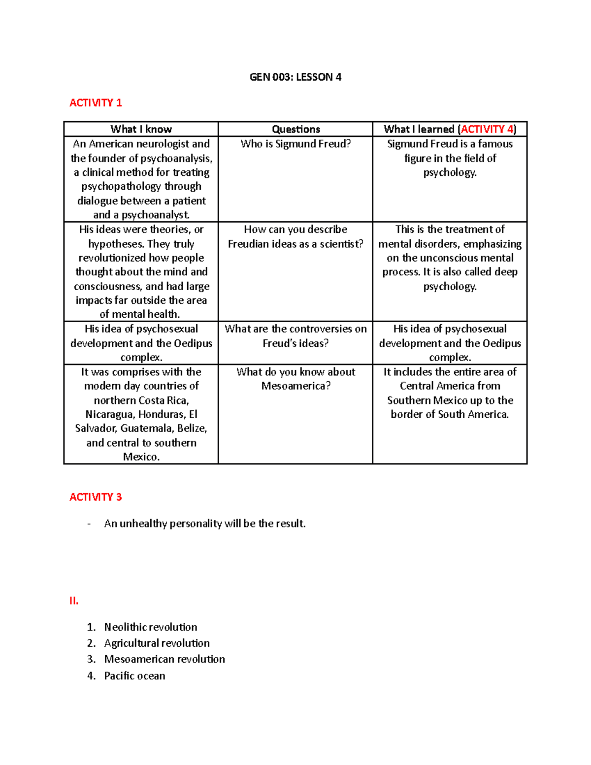 GEN 003 - Lesson 4 - GEN 003: LESSON 4 ACTIVITY 1 What I know Questions ...
