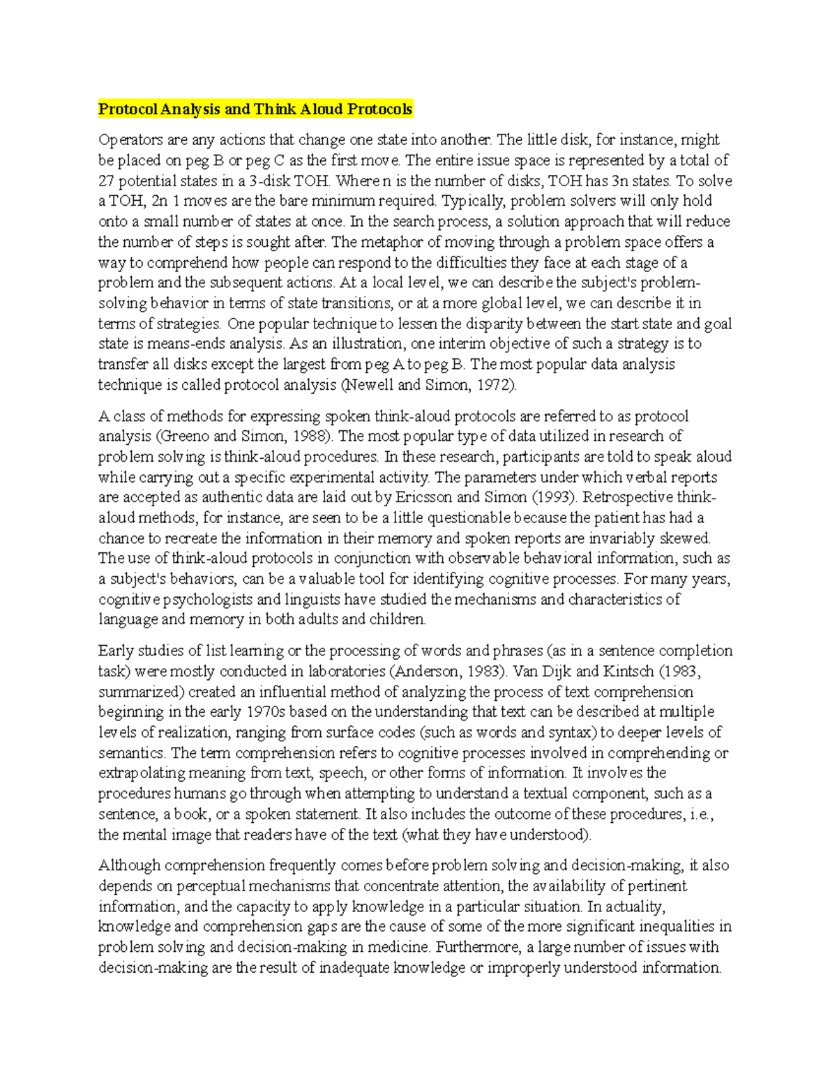 Protocol Analysis And Think Aloud Protocols Protocol Analysis And Think Aloud Protocols