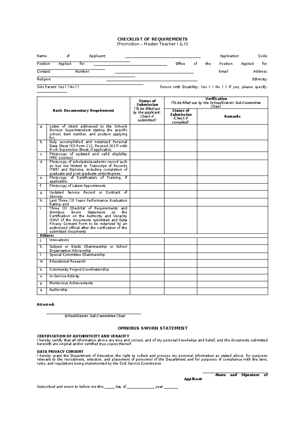 Checklist of Requirements for Master Teacher Promotion - CHECKLIST OF ...