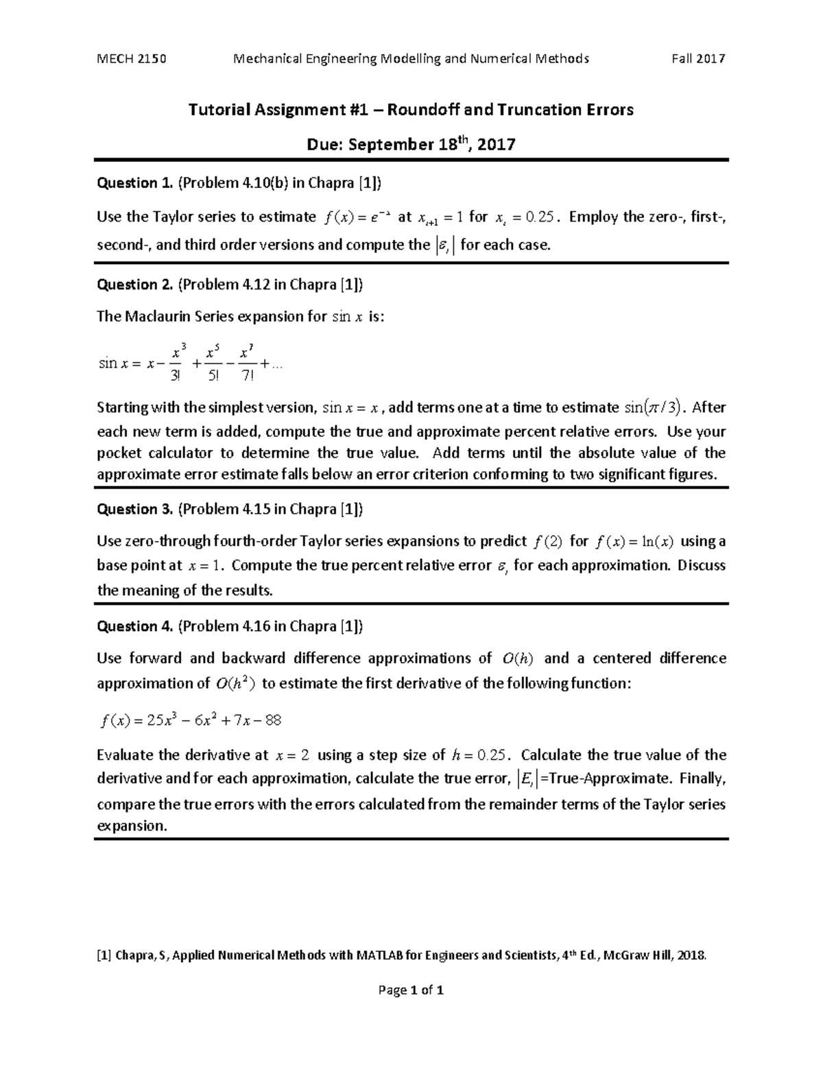 Tutorial Assignment 1 - MECH 2150 Mechanical Engineering Modelling and Numerical Methods - Studocu