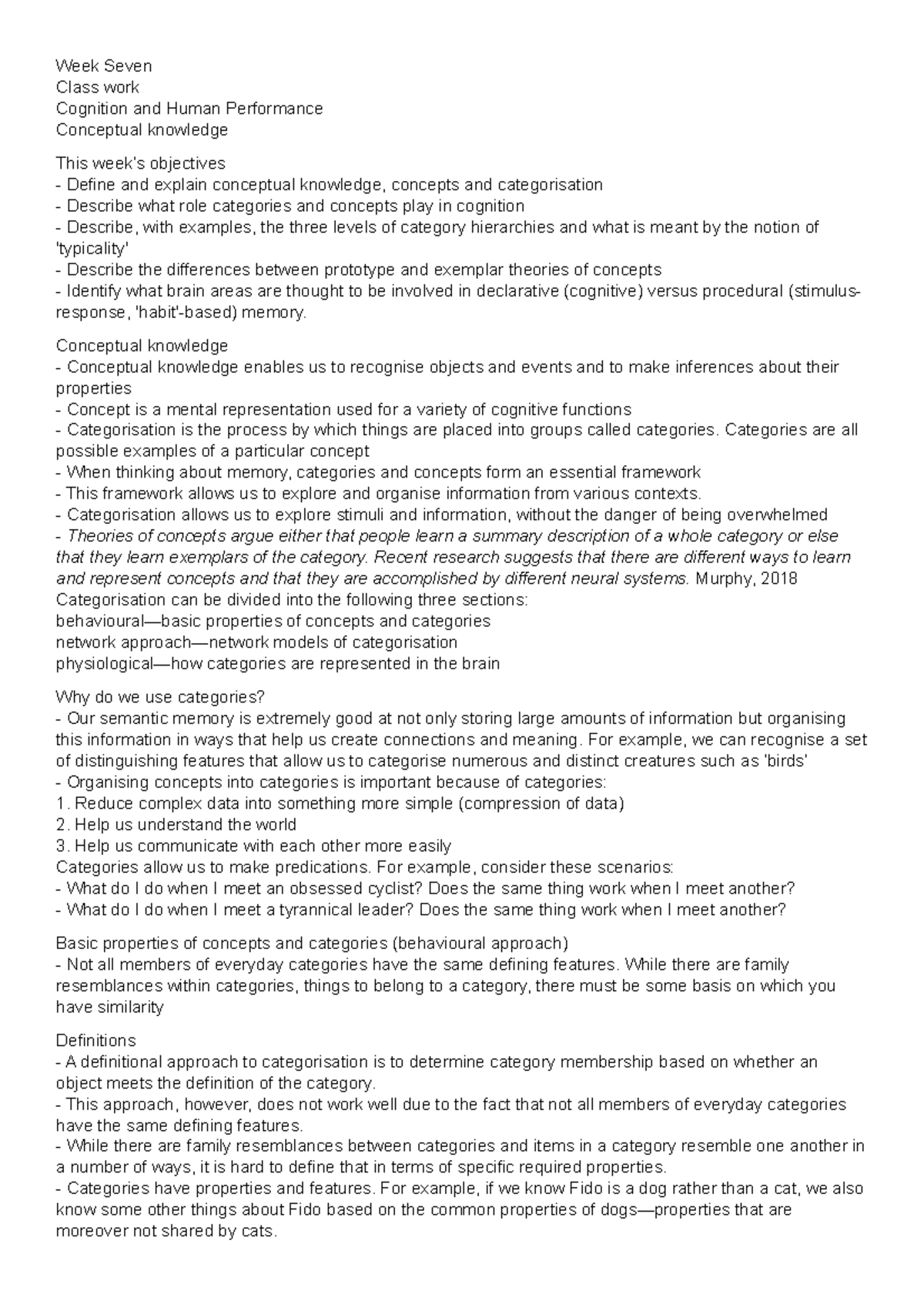 Conceptual knowledge- Week Seven- CW- cogntion - Week Seven Class work ...