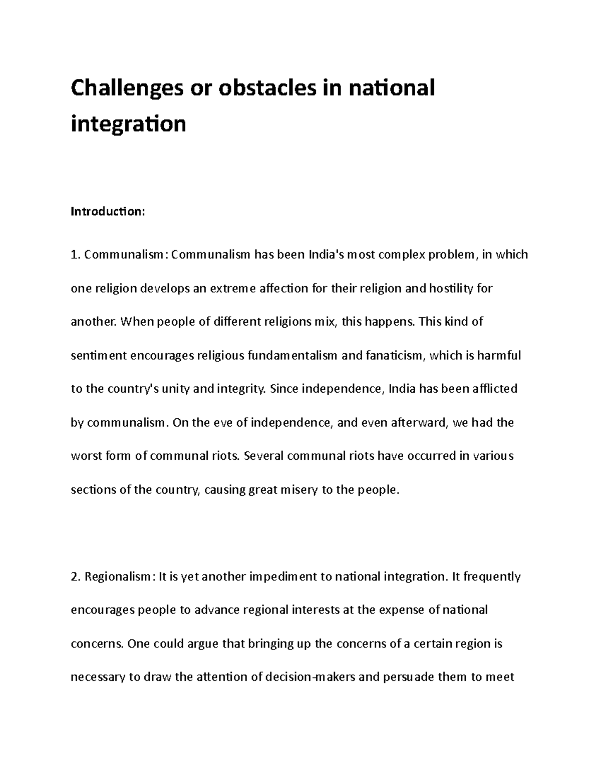 Challenges or obstacles in national integration - Challenges or ...