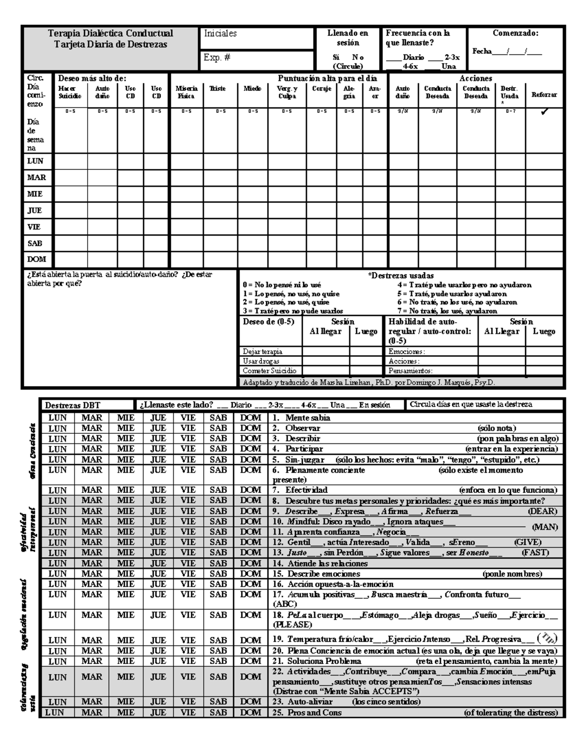 Diary Card - Terapia Dialéctica Conductual Tarjeta Diaria de Destrezas ...