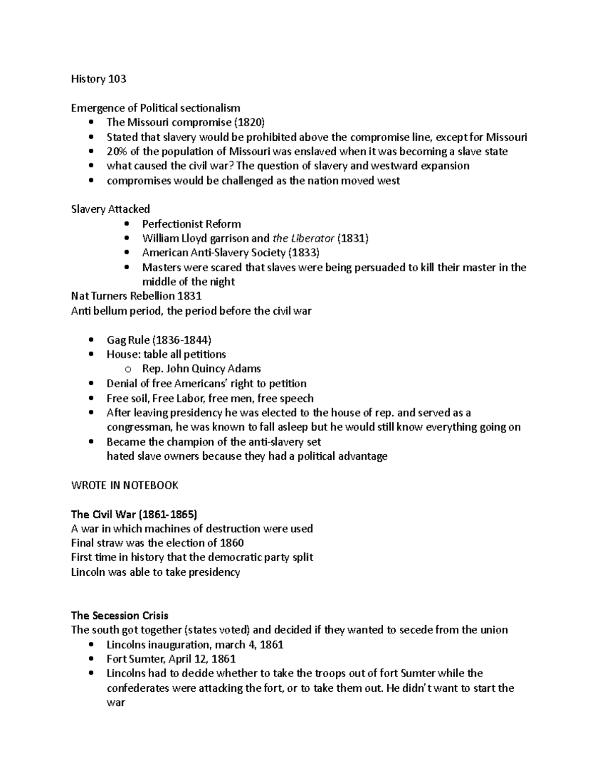 Last chapter - History 103 Emergence of Political sectionalism The ...