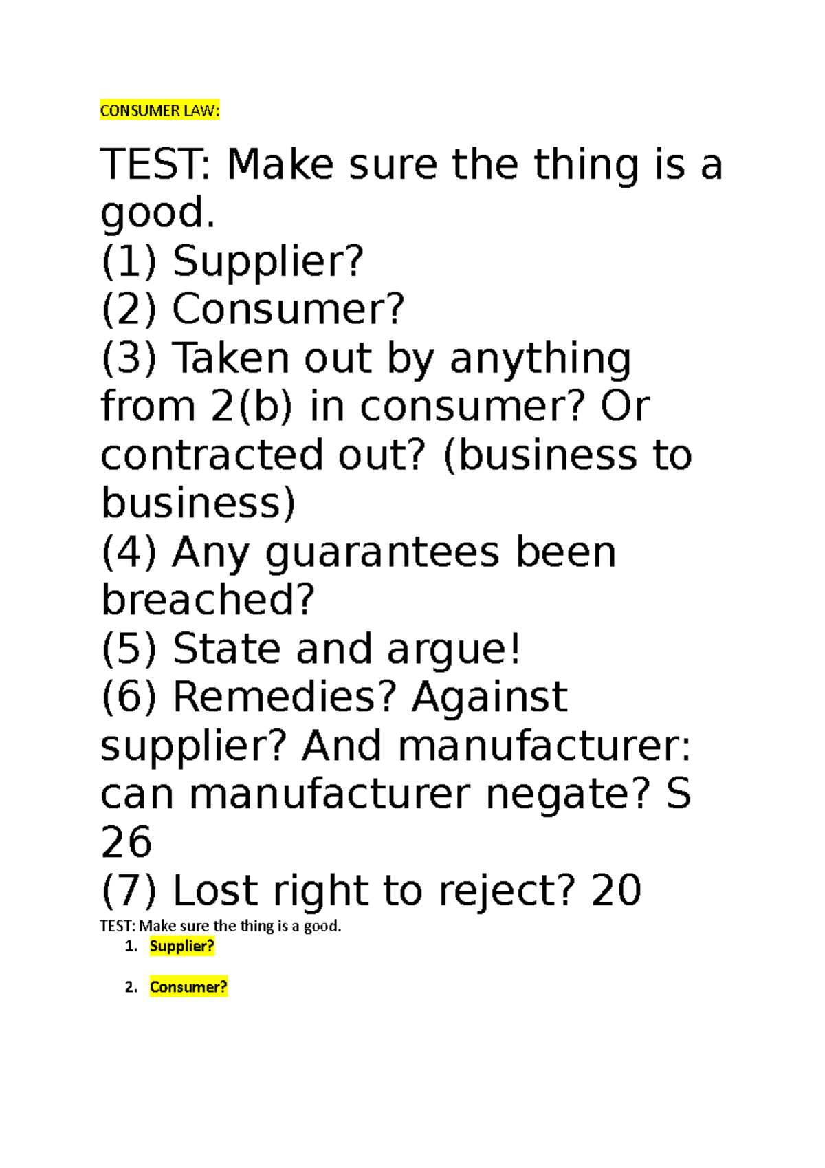 Consumer Guarantees Law cheatsheet - CONSUMER LAW: TEST: Make sure the ...