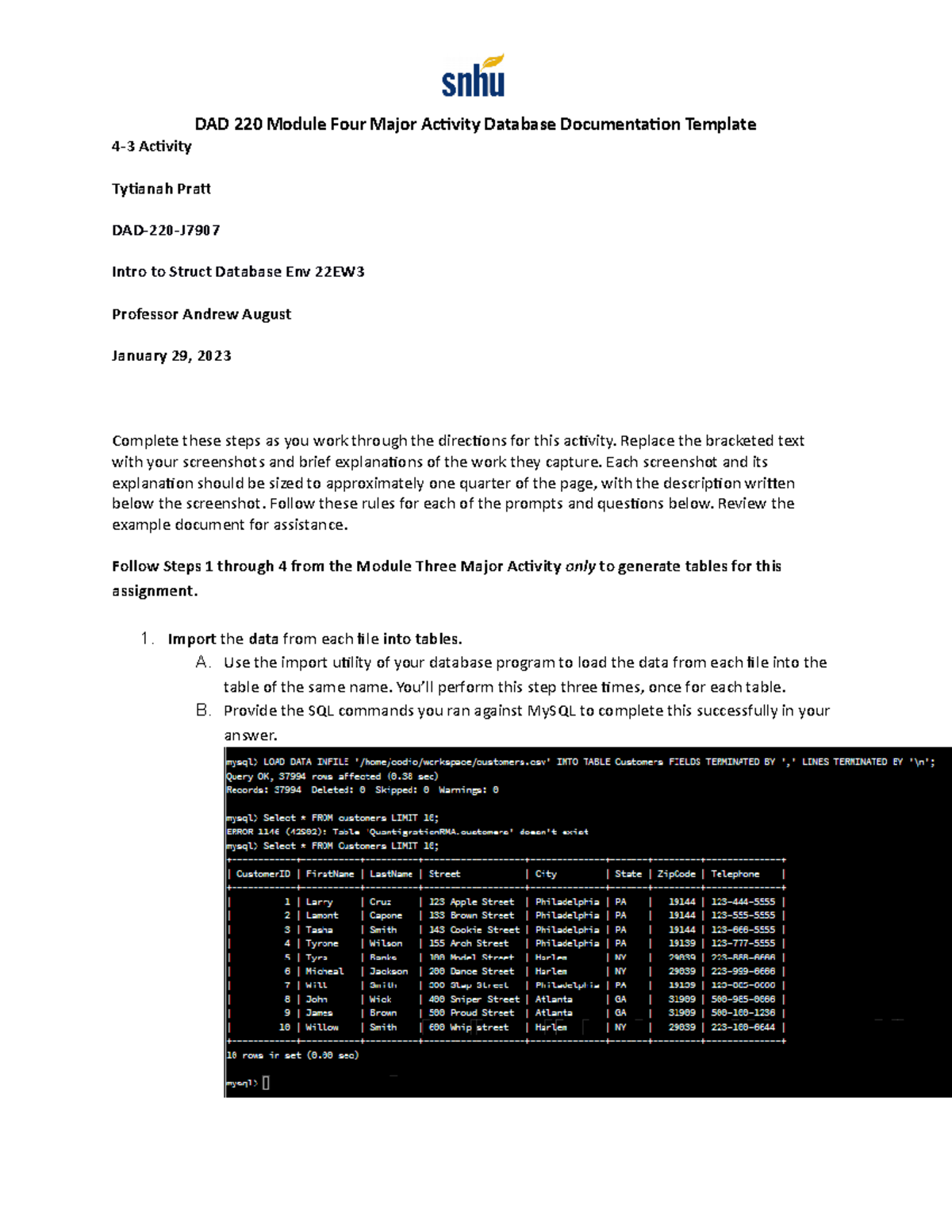 Dad 220 Module Four Major Activity Database Documentation Replace The Bracketed Text With Your