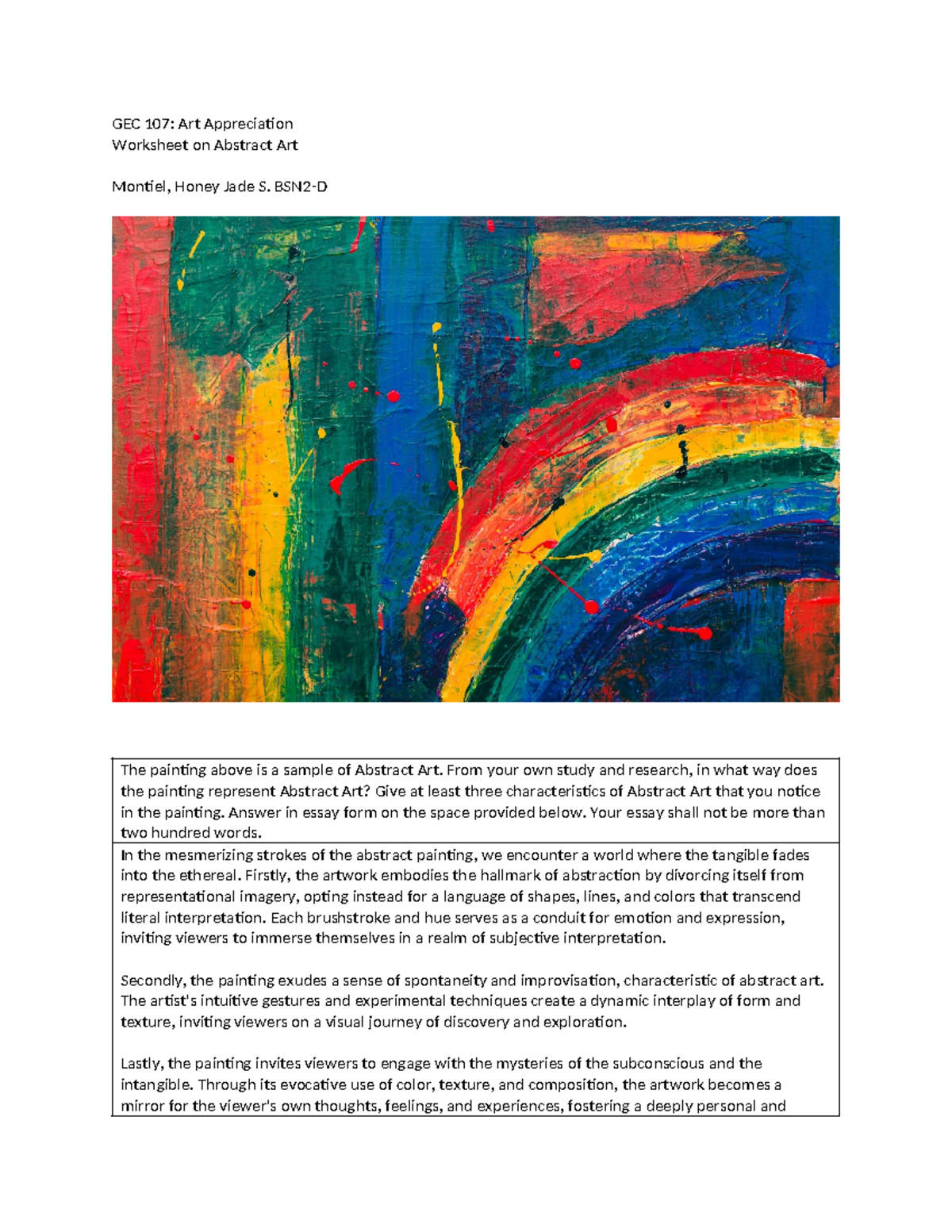 Worksheet ON Abstract ART Montiel Honey Jade - GEC 107: Art ...