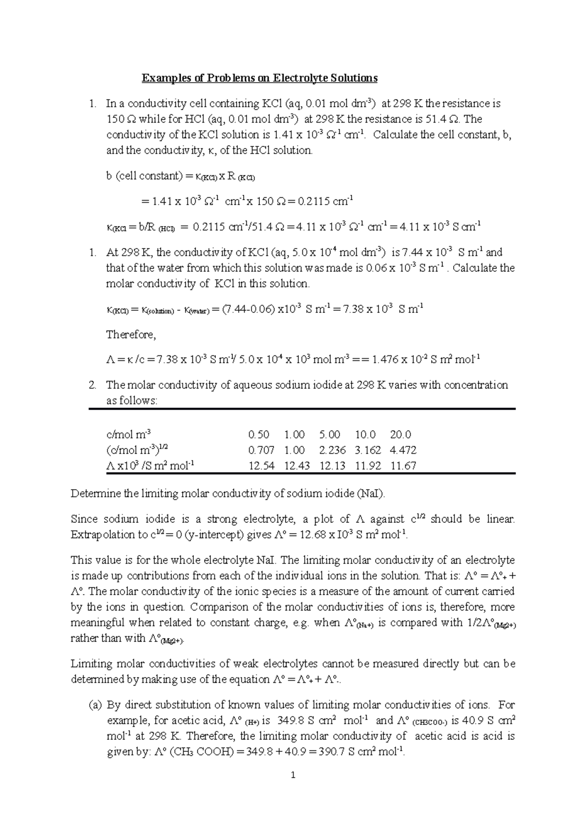 Exampels of Problems on Electrolyte Solutions - The conductivity of the ...